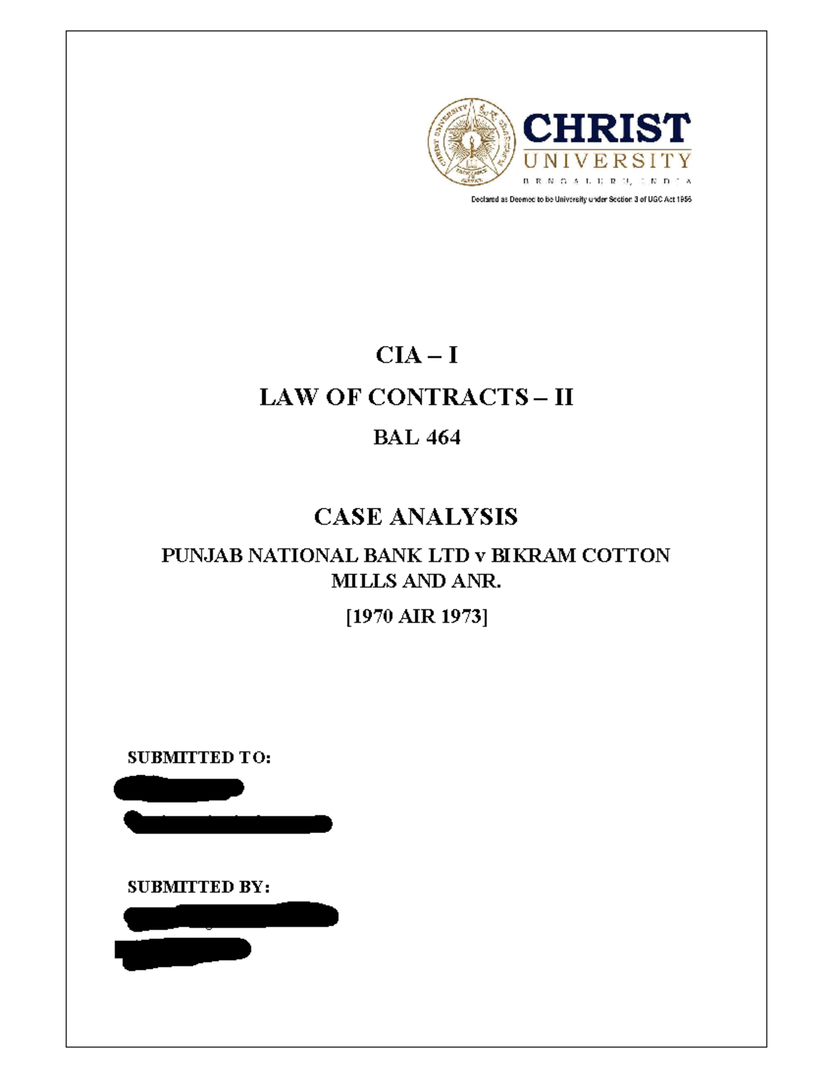 Contracts CIA 1 - n/a - CIA – I LAW OF CONTRACTS – II BAL 464 CASE ...