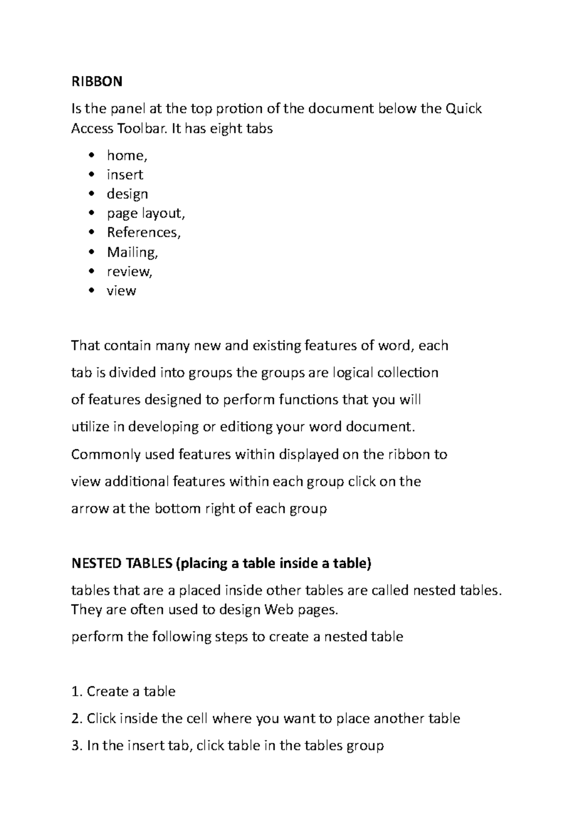 Ribbon - notes - RIBBON Is the panel at the top protion of the document ...