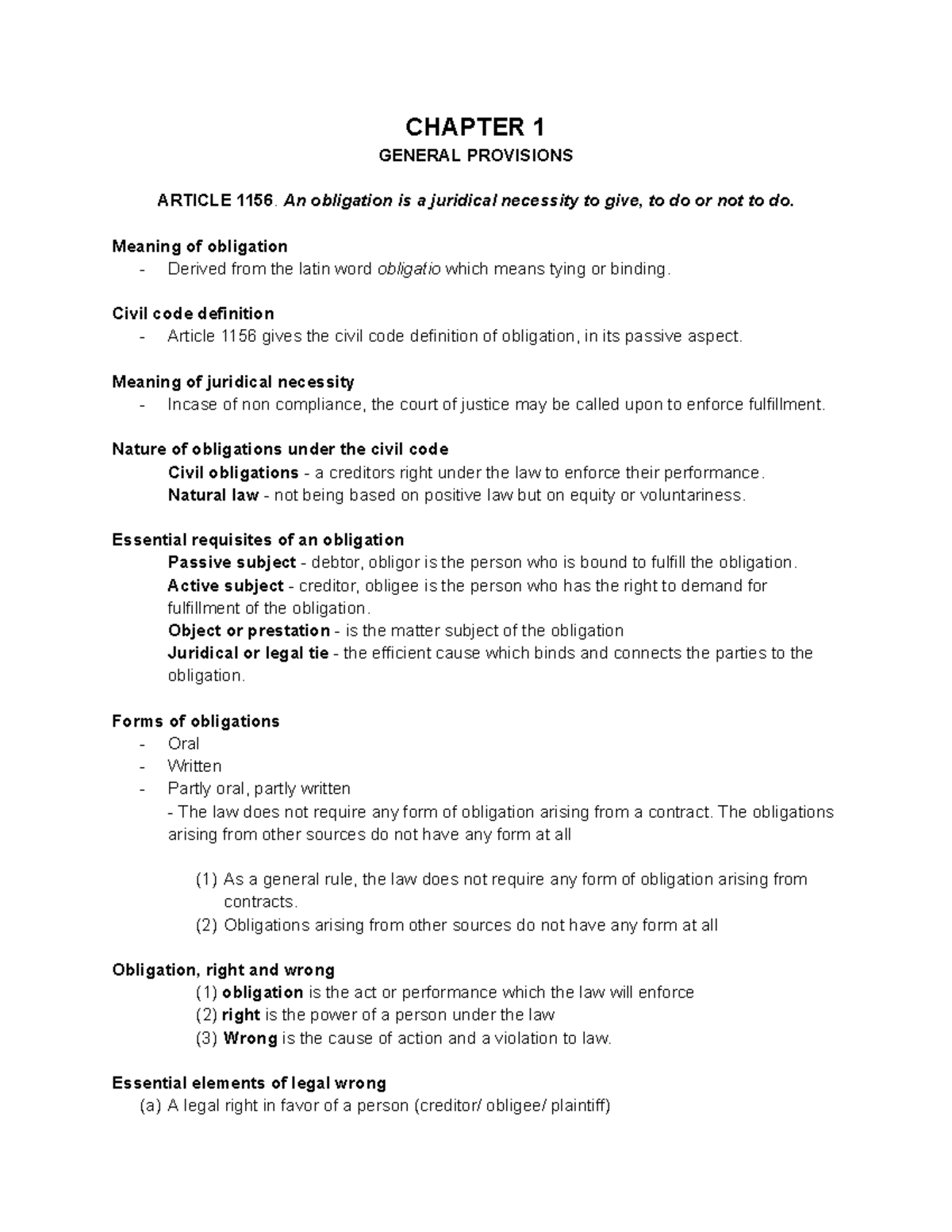 LAW12 - fg3rr - CHAPTER 1 GENERAL PROVISIONS ARTICLE 1156. An obligation is a juridical ...