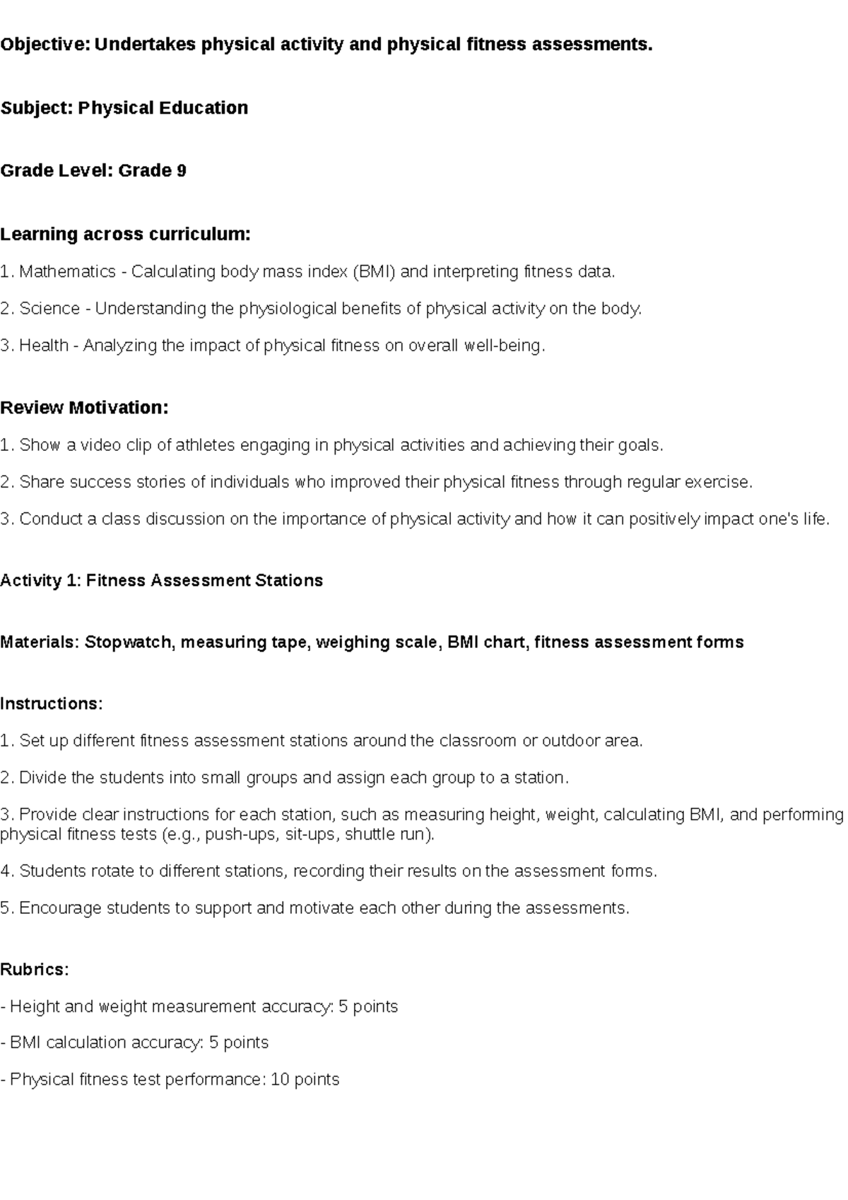 Lesson plan - Nothing - Objective: Undertakes physical activity and ...