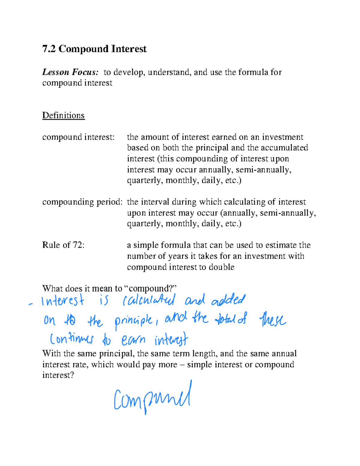 7.2 Compound Interest - notes - 7. 2 Compound Interest Lesson Focus: to ...