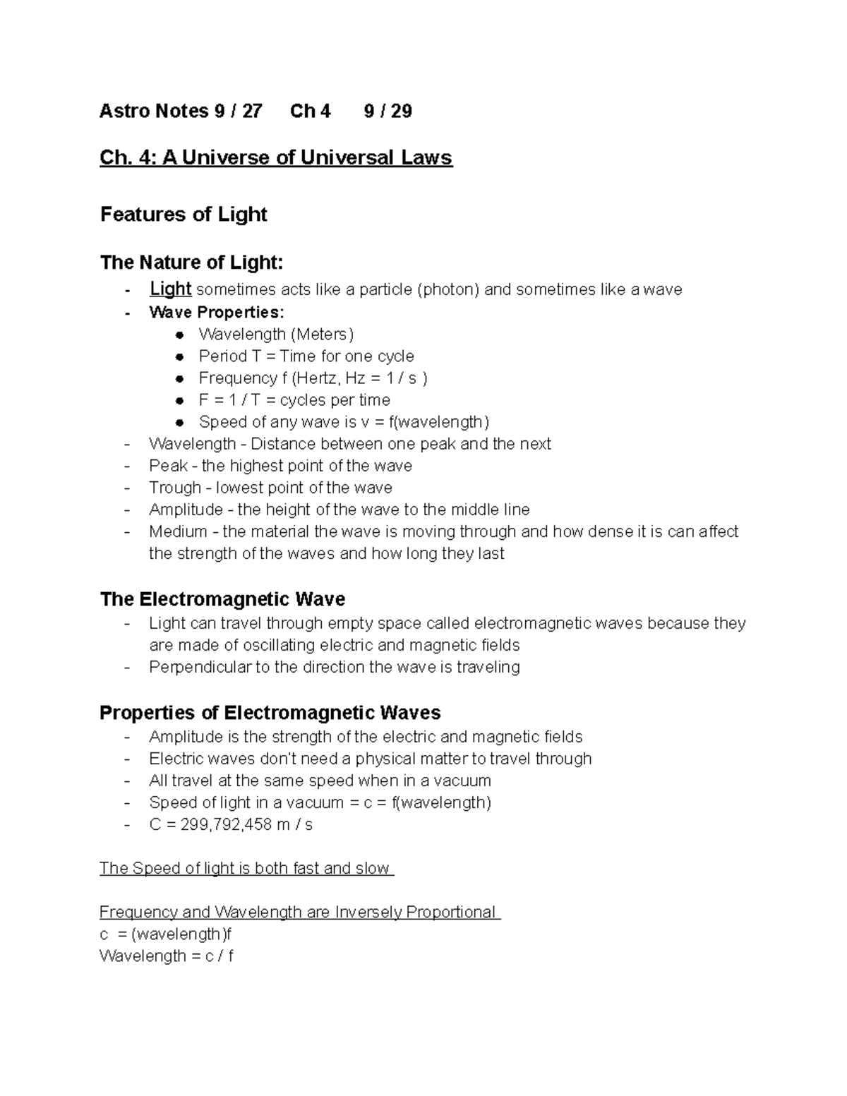 Astro Notes 9 27 Ch 4 - Astro Notes 9 / 27 Ch 4 9 / 29 Ch. 4: A ...