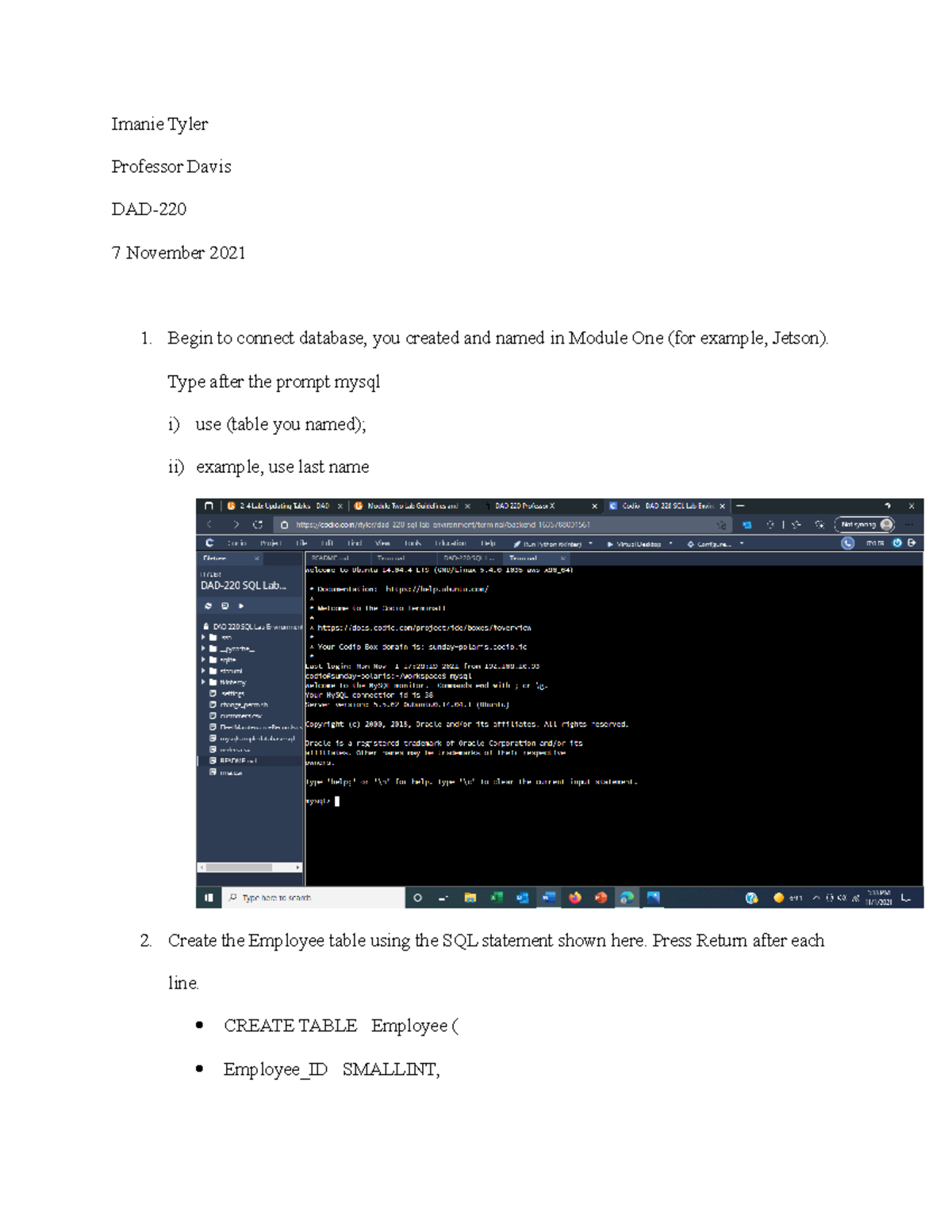 Updating Tables Work Imanie Tyler Professor Davis Dad 7 November 2021 Begin To Connect