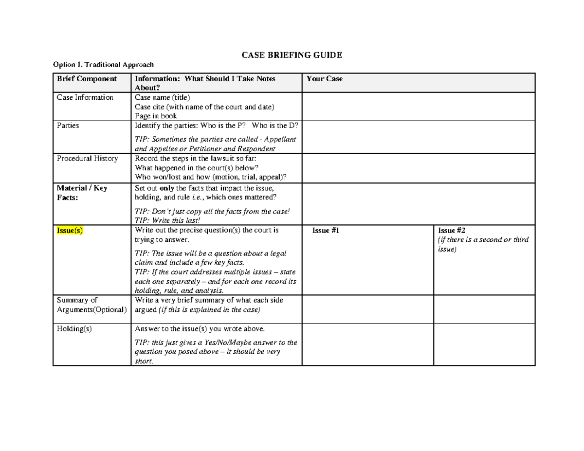 Case Briefing template 2022 - CASE BRIEFING GUIDE Option 1. Traditional ...