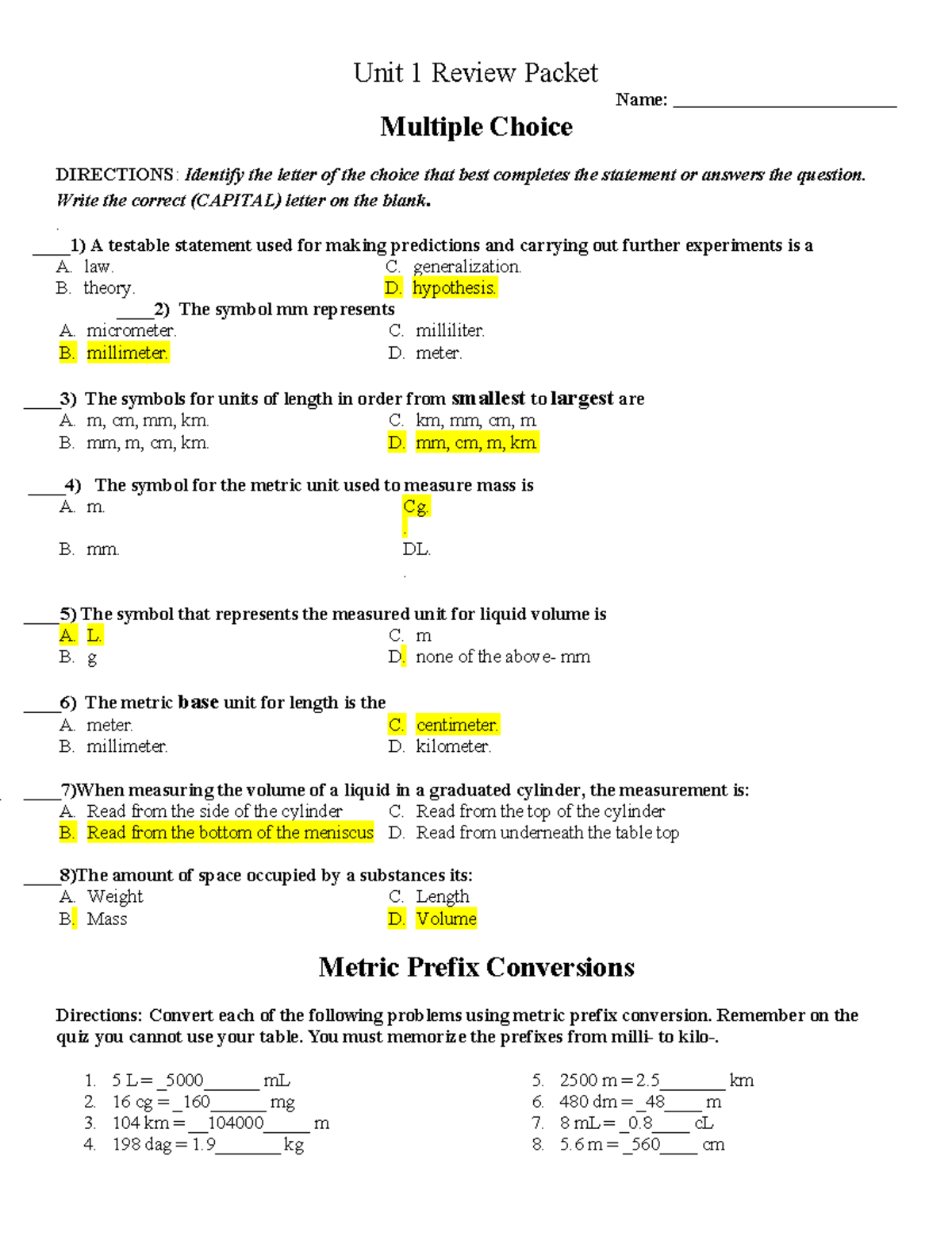 Unit 1 review Chem 1-1 - Unit 1 Review Packet Name: Multiple Choice ...