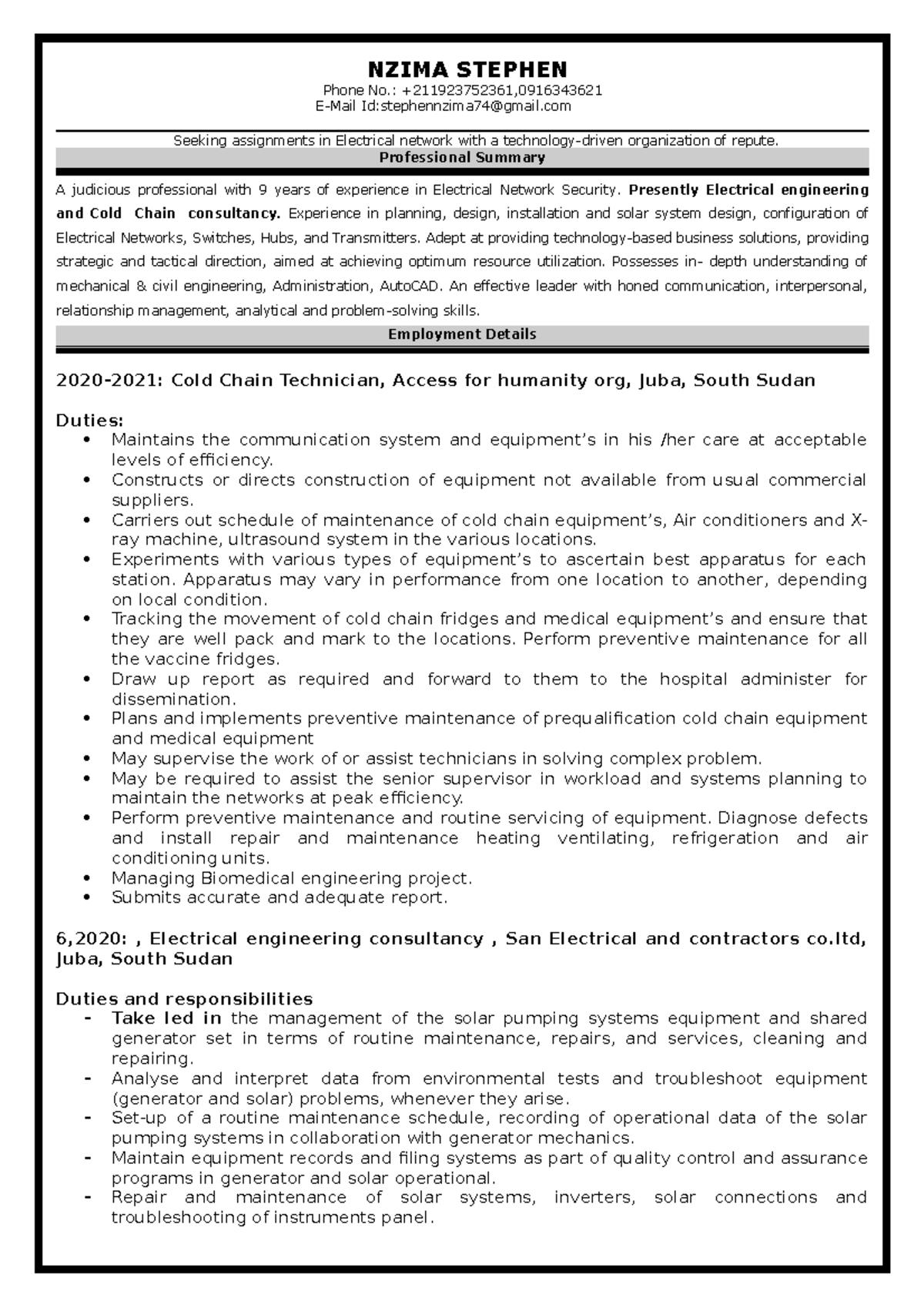 Cv steven Specialize technician - NZIMA STEPHEN Phone No ...