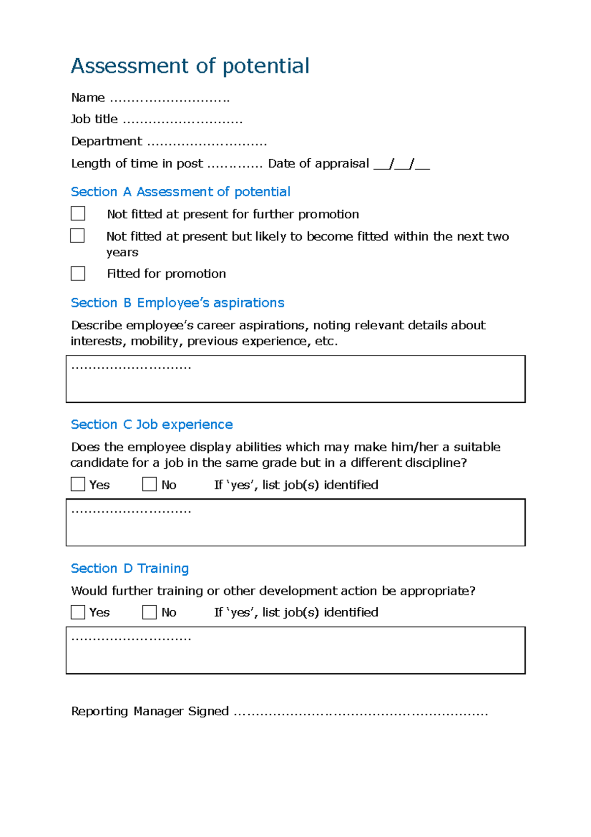 Appraisal form for assessing potential for promotion - Assessment of ...