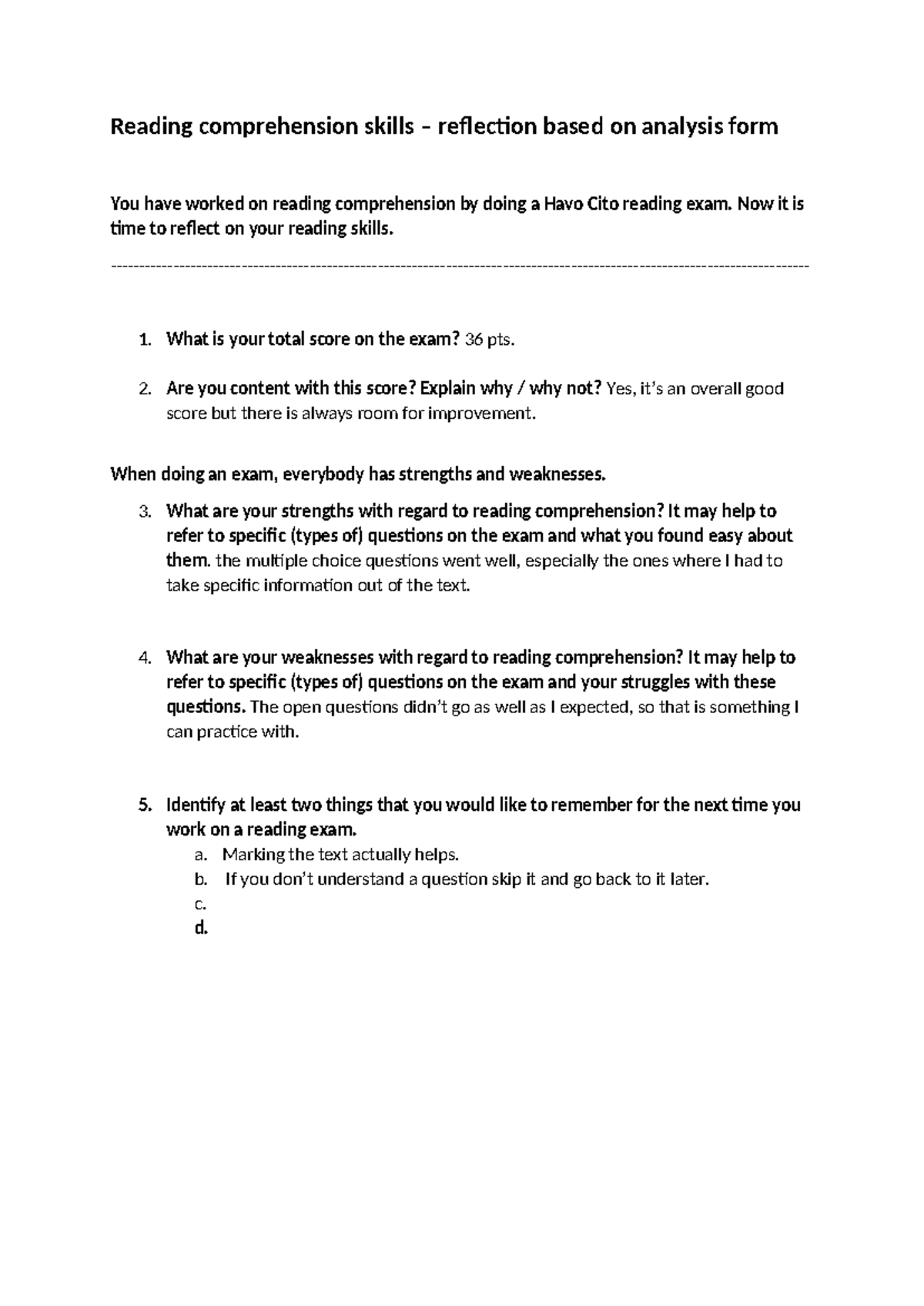 Exam analysis reflection - Reading comprehension skills – reflection ...