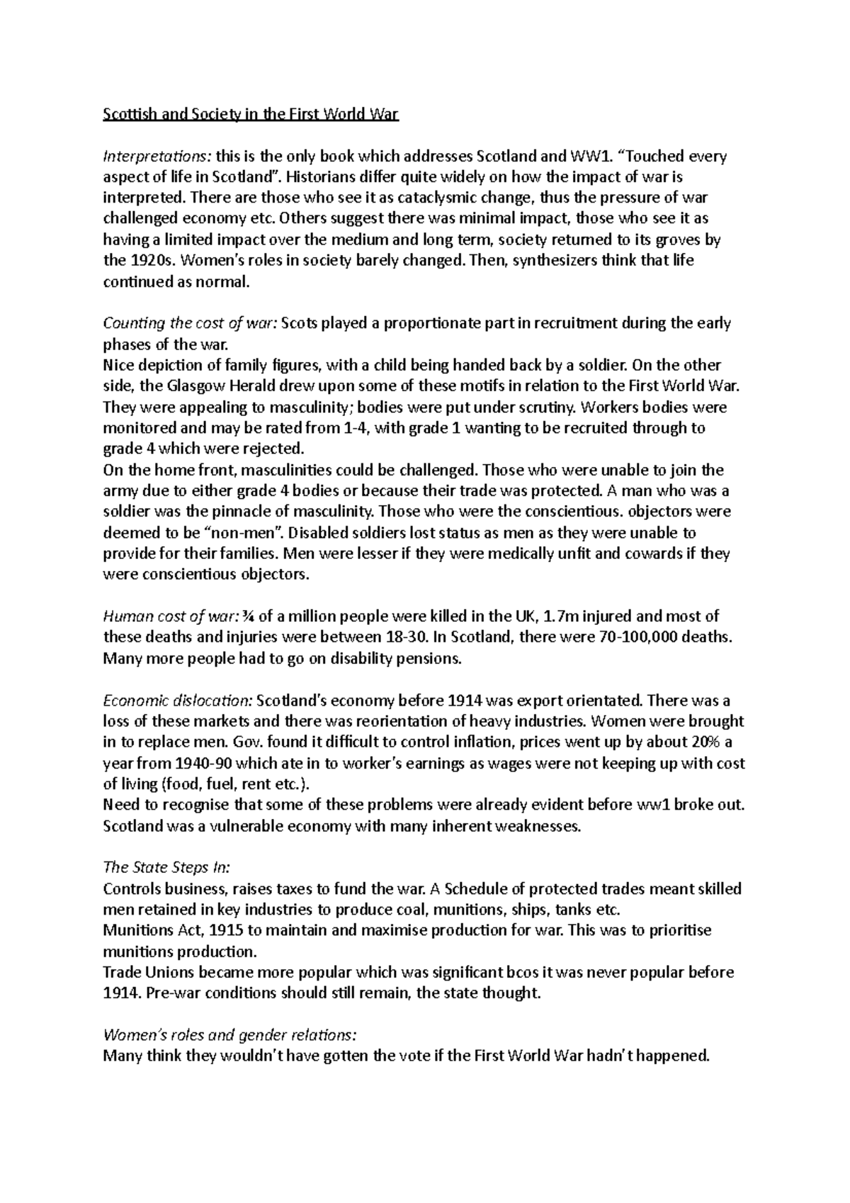 First World War - Lecture notes 2 - Scottish and Society in the First ...