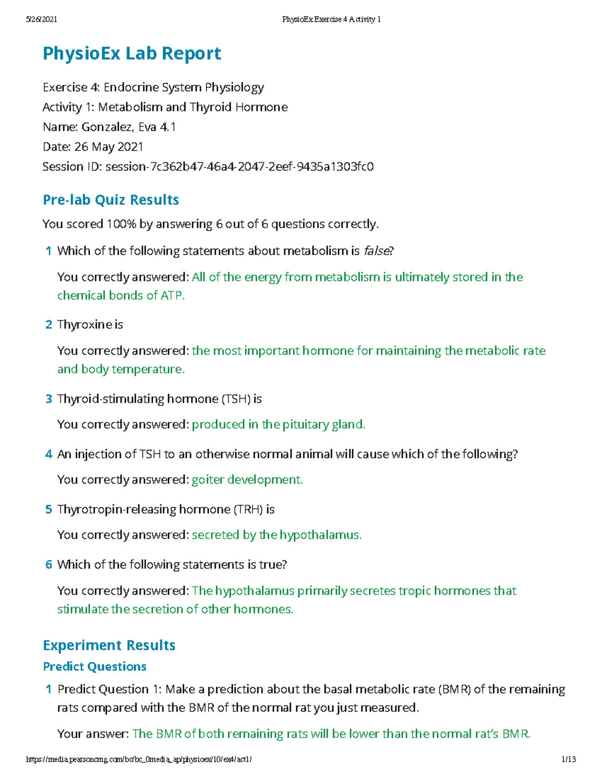 PhysioEx 4 Activity 1 - PhysioEx Lab Report Exercise 4: Endocrine ...