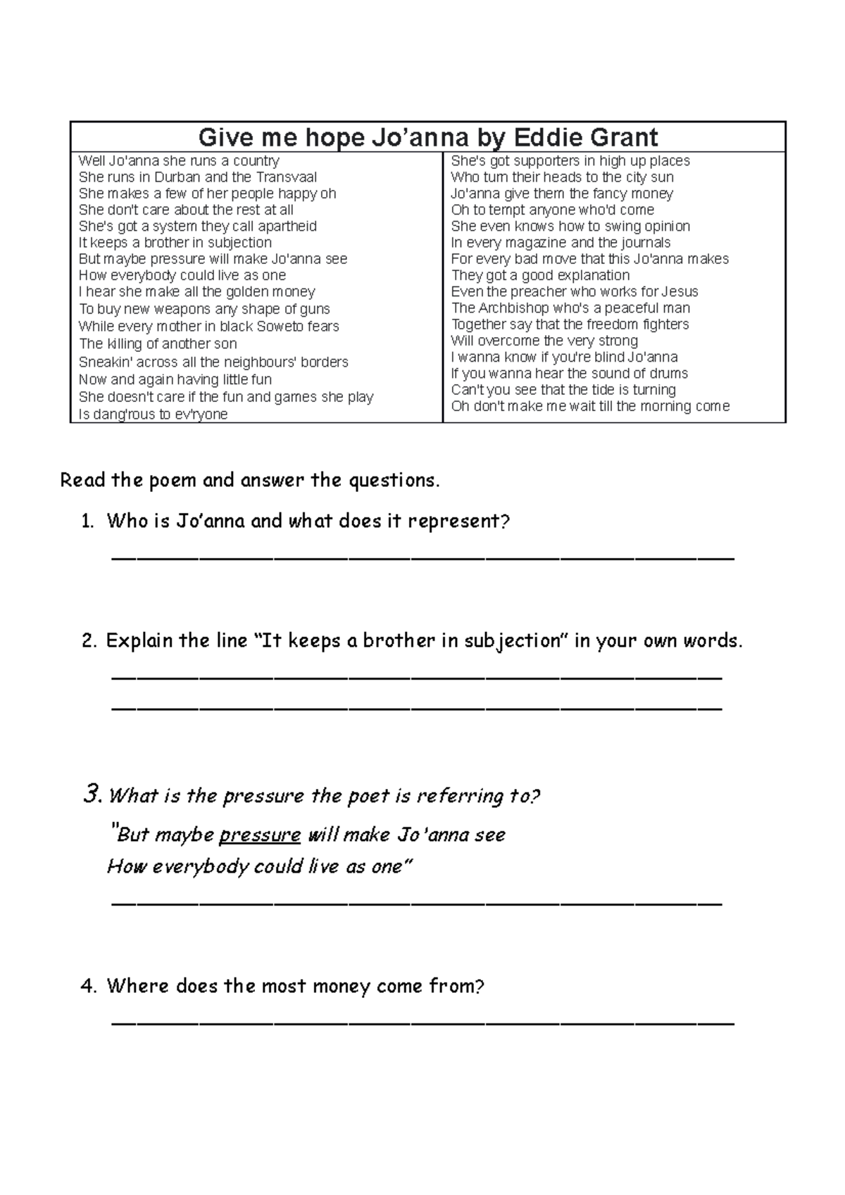 Give me Hope Johanna Worksheet 2 - Give me hope Jo’anna by Eddie Grant ...