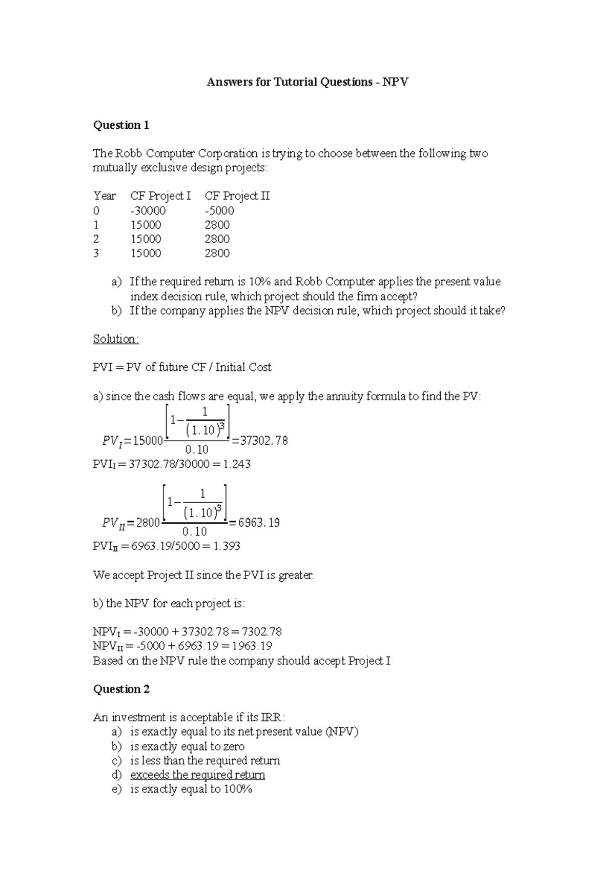 Workshop 5A - NPV(1) - Answers for Tutorial Questions - NPV Question 1 ...