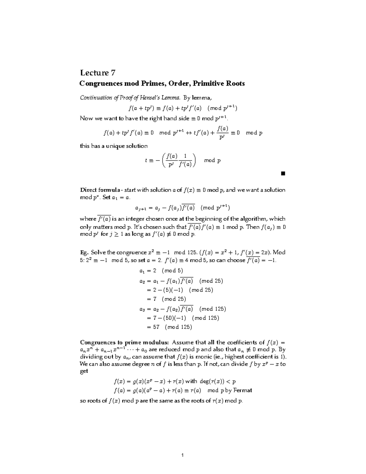 Theory Of Numbers Lecture 7 - Lecture7 Congruences mod Primes, Order ...