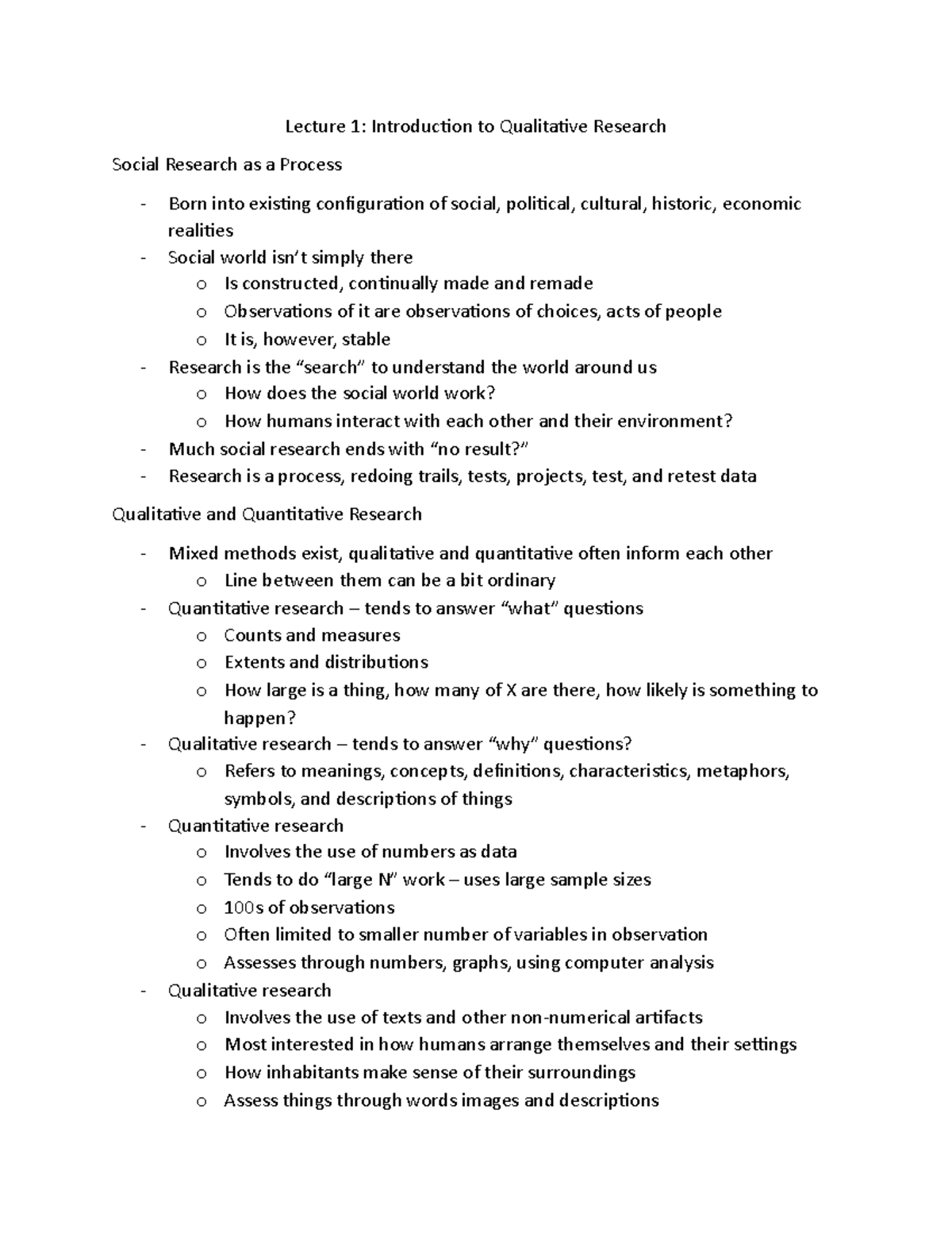 Lecture 1 - Intro to Qualitative Research - Professor Sykes - Lecture 1 ...