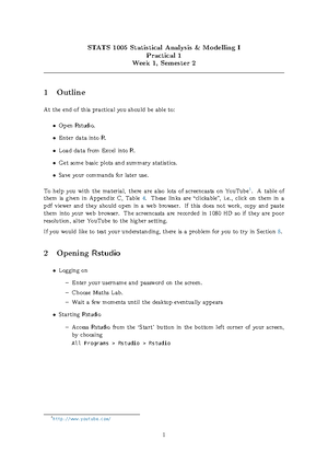 Tutorial 2 - STATS 1005 Statistical Analysis & Modelling I Tutorial Week 2, Semester 2 (1) Let X ...