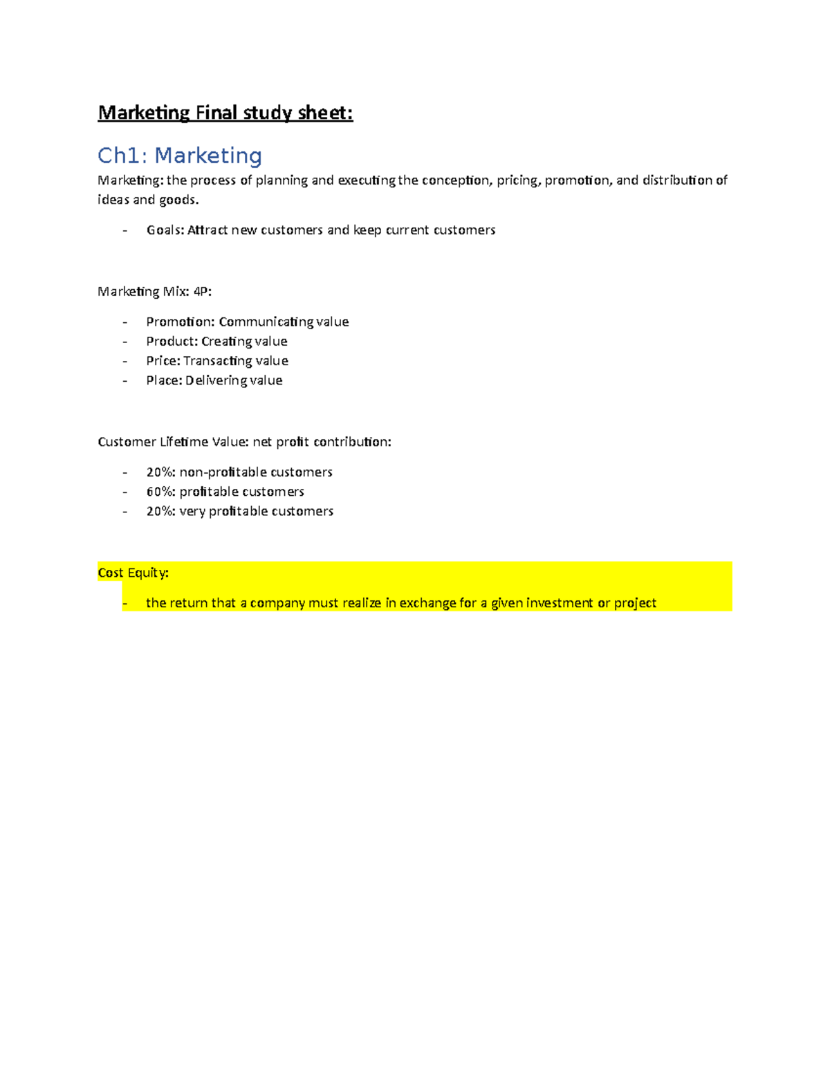 Marketing Final study sheet - Marketing Final study sheet: Ch1 ...
