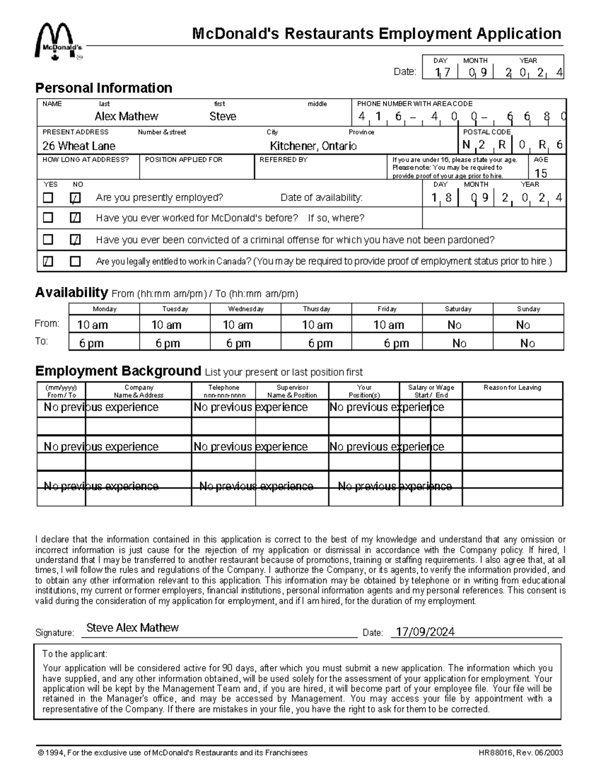 Mc Donalds-Application-Form 1 - © 1994, For the exclusive use of ...