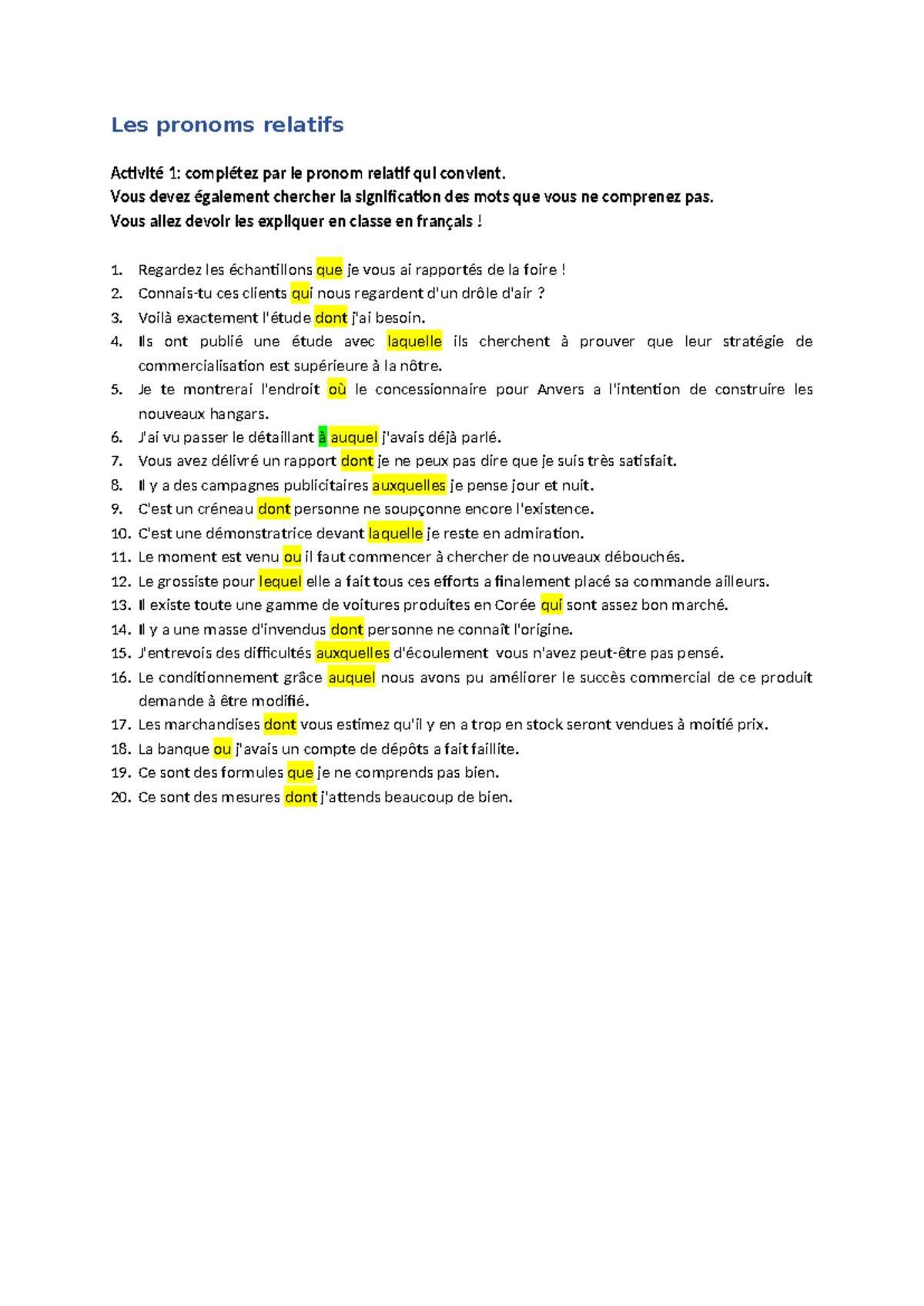 Les pronoms relatifs exercice 2021_2022 - Les pronoms relatifs Activité ...