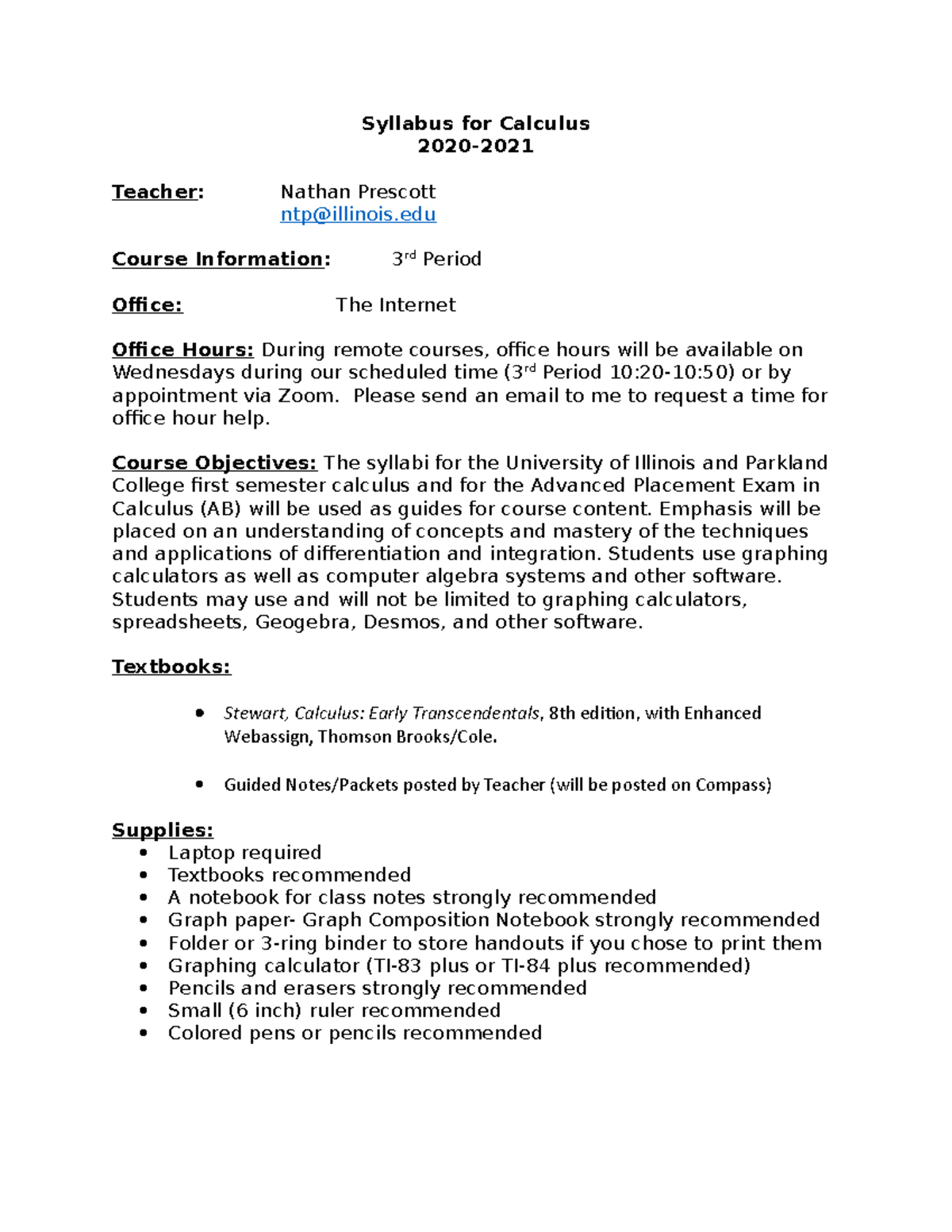 Syllabus for Calculus 2020-2021 - Syllabus for Calculus 2020- Teacher ...