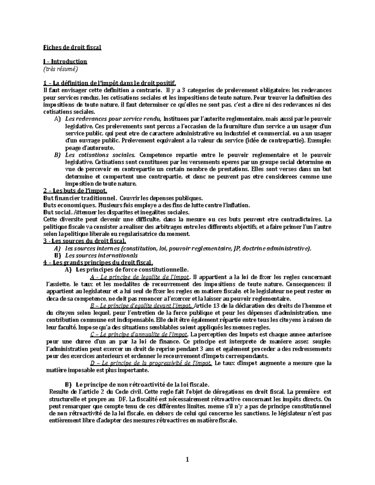 Fiches droit fiscal - resume de cours - Fiches de droit fiscal I ...