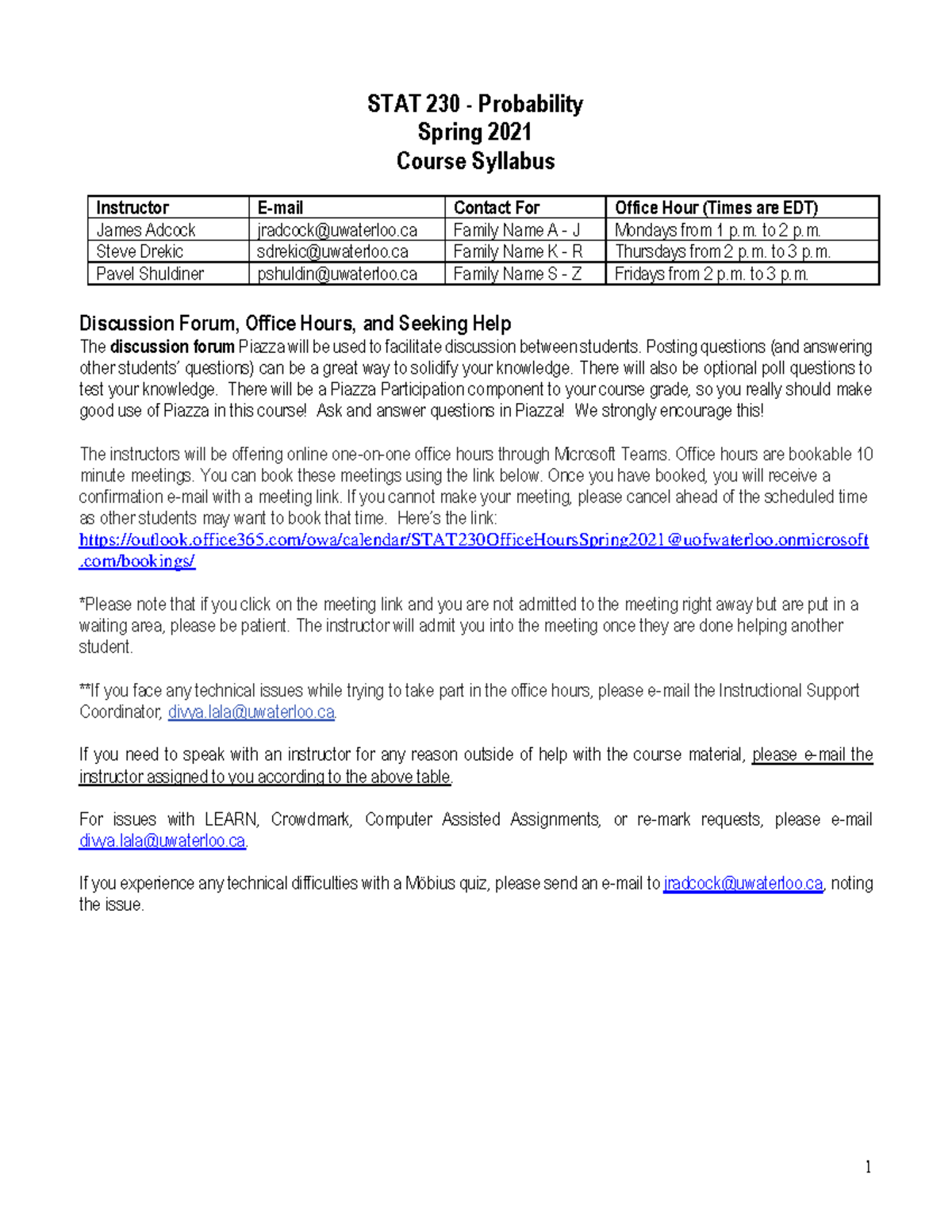 STAT 230 Course Syllabus S21 update - STAT 230 - Probability Spring 2021 Course Syllabus ...