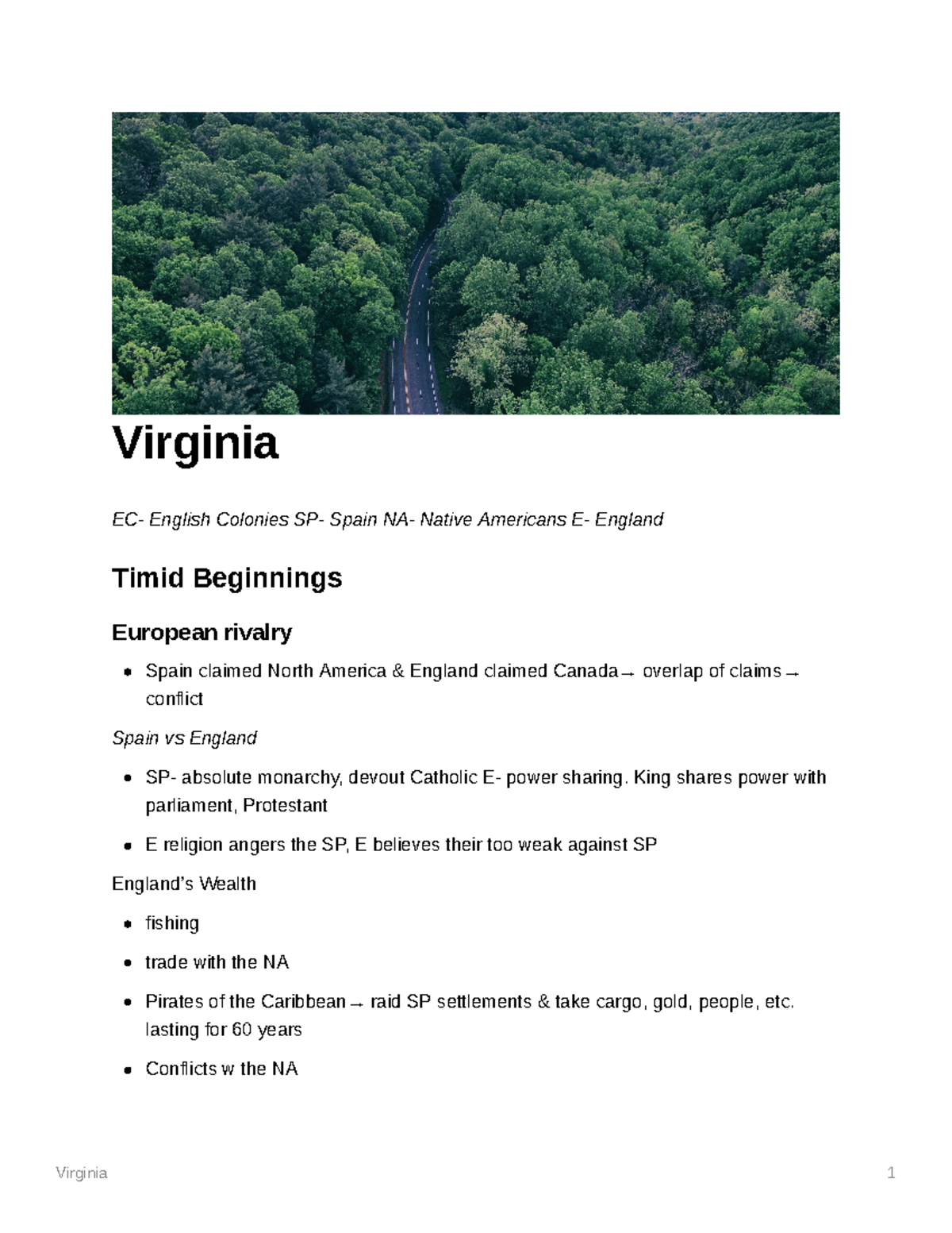 Virginia PT 1/3 - Virginia EC- English Colonies SP- Spain NA- Native ...