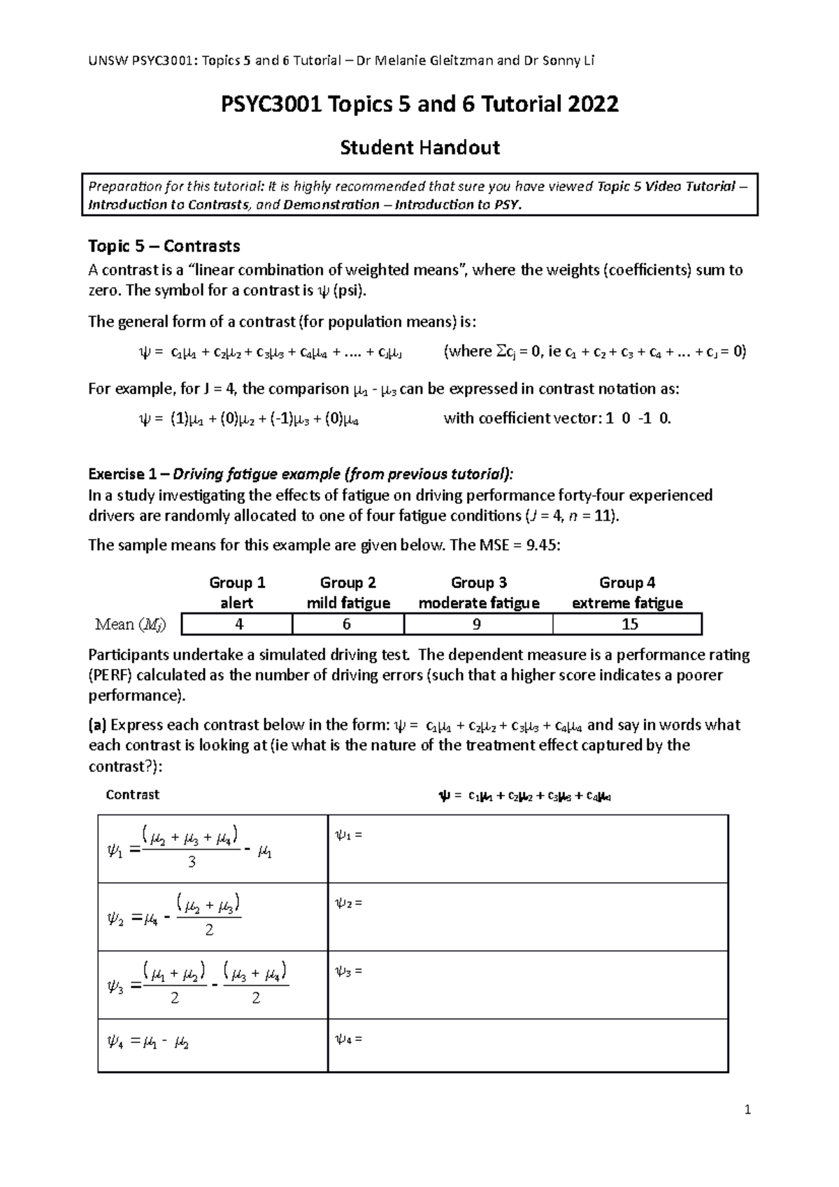 PSYC3001 Topics 5 and 6 Tutorial Handout - PSYC3001 Topics 5 and 6 ...