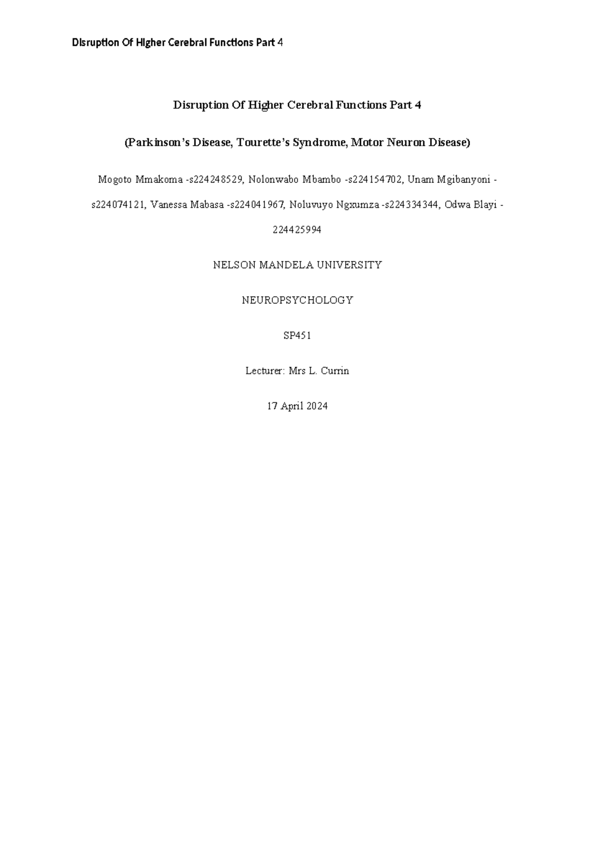 Neuropsychology 4 - Disruption Of Higher Cerebral Functions Part 4 ...