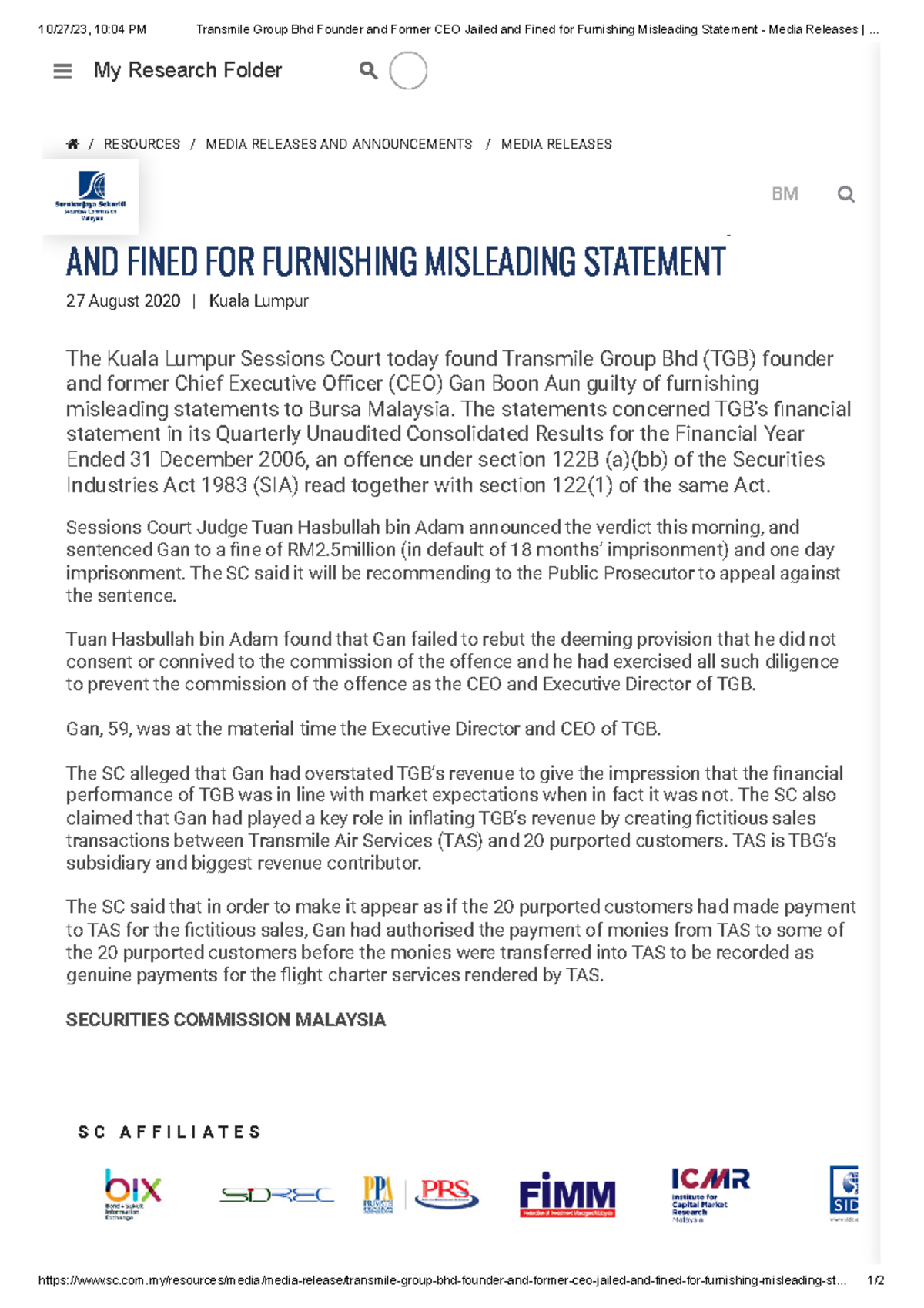 Transmile group bhd - 10/27/23, 10:04 PM Transmile Group Bhd Founder ...