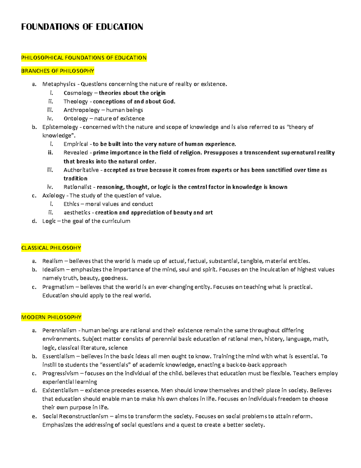 Foundations OF Education - FOUNDATIONS OF EDUCATION PHILOSOPHICAL ...