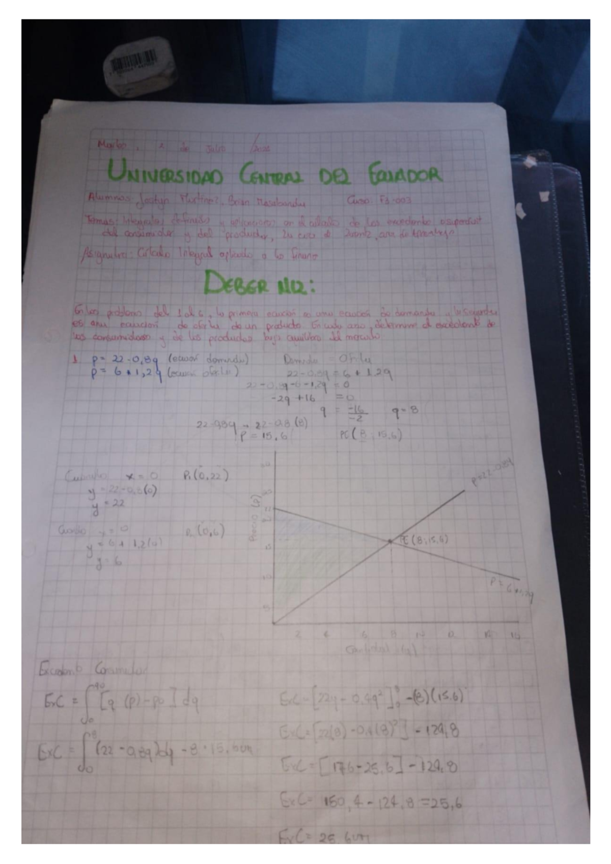 Deber N12 Aplicaciones Integrales Definidas Grupo 10 F3-003 - Marley 2 de Julia /2020 ...