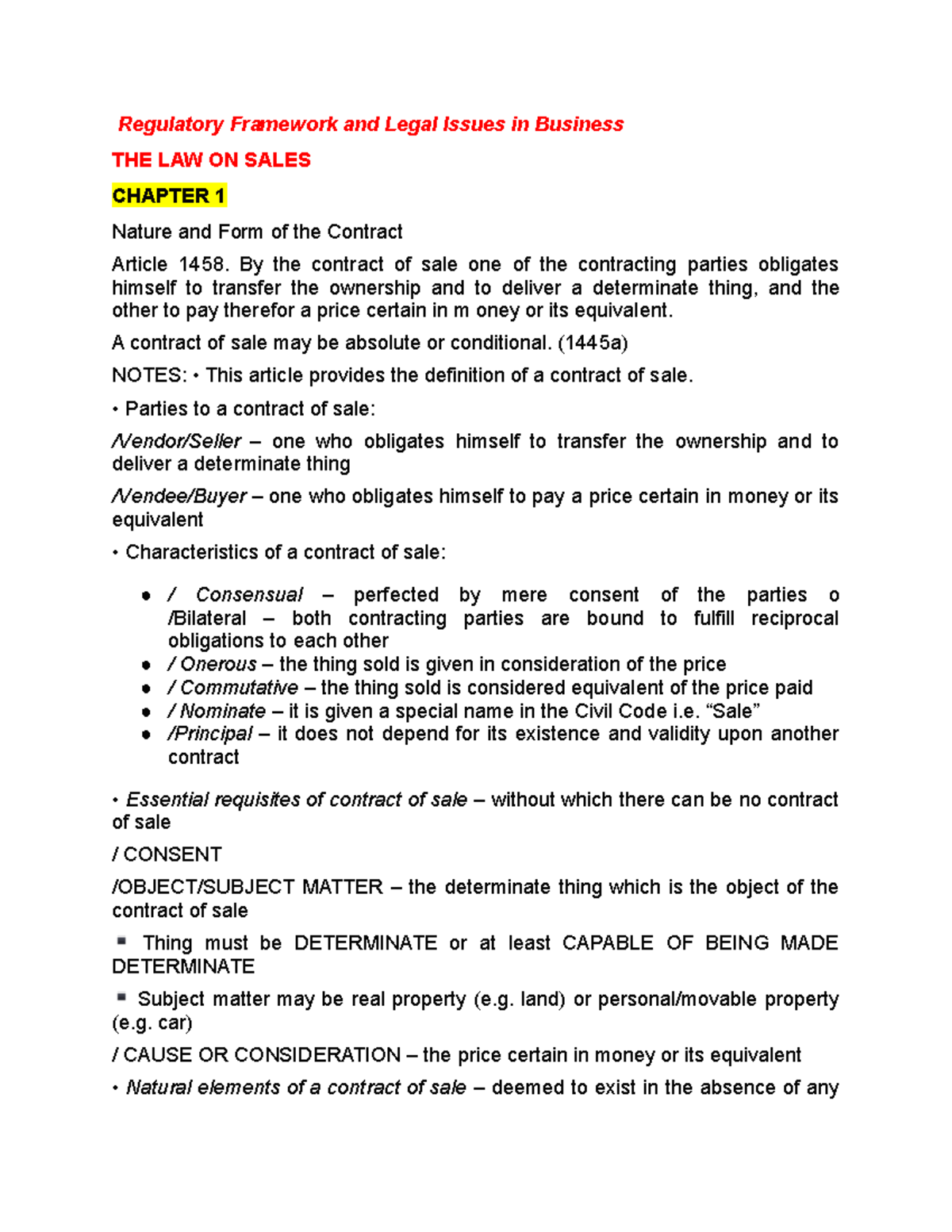 Rflib Law On Sales - reviewer - Regulatory Framework and Legal Issues ...