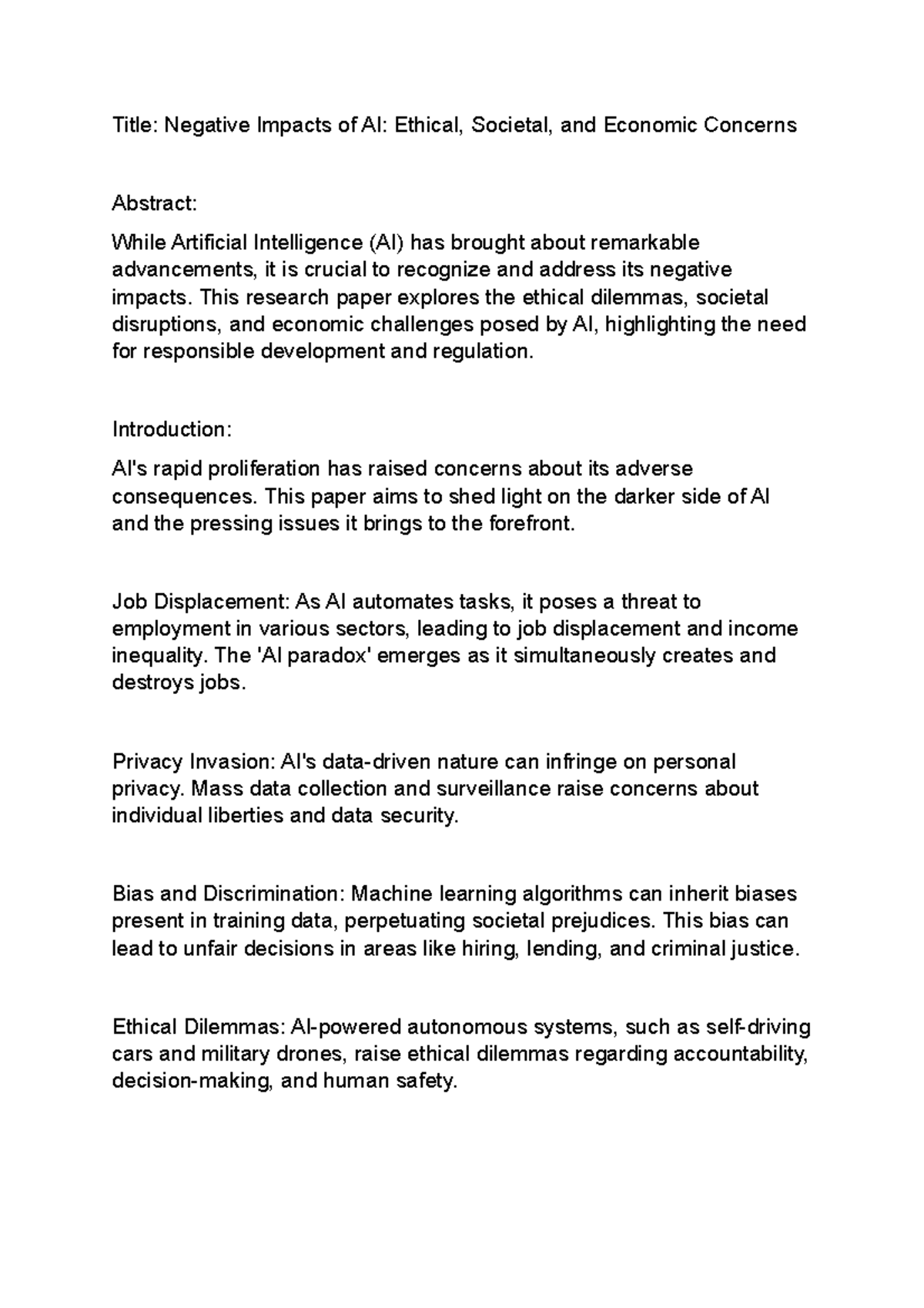 Negative Impacts of AI - This research paper explores the ethical ...