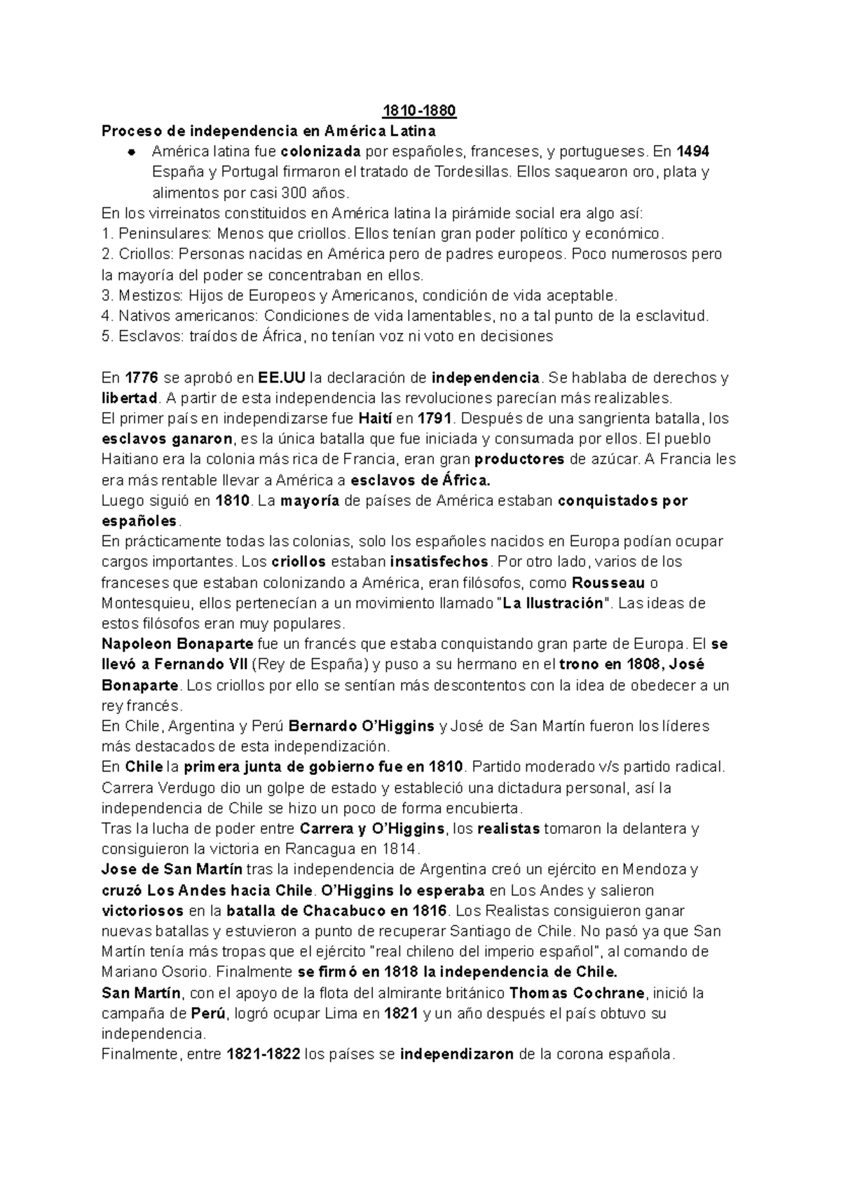 Chile 1810 - 1880. Puntos importantes - 1810- Proceso de independencia ...