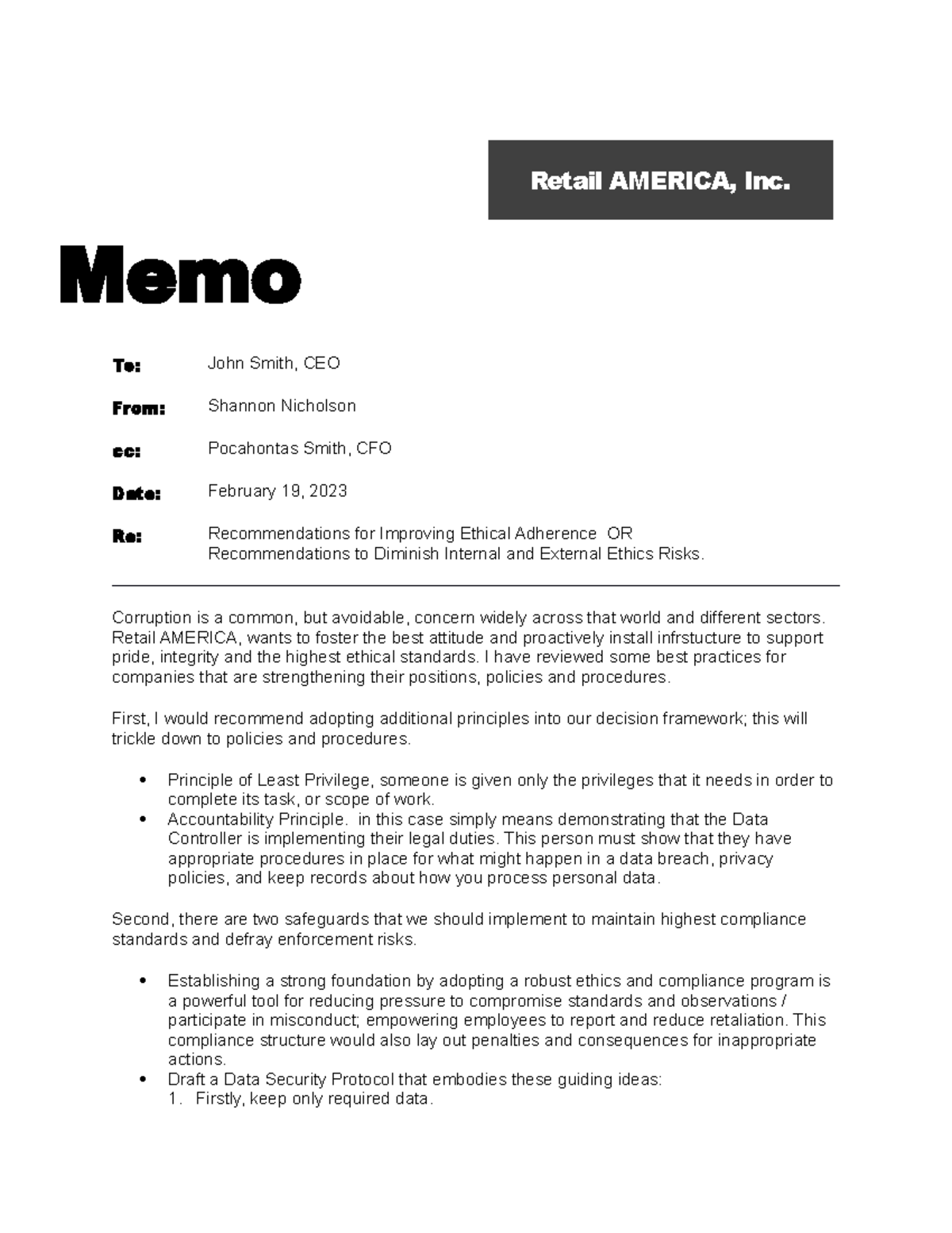 Eat Fresh - Class 4 Capstone preventing corruption Memo - Retail ...