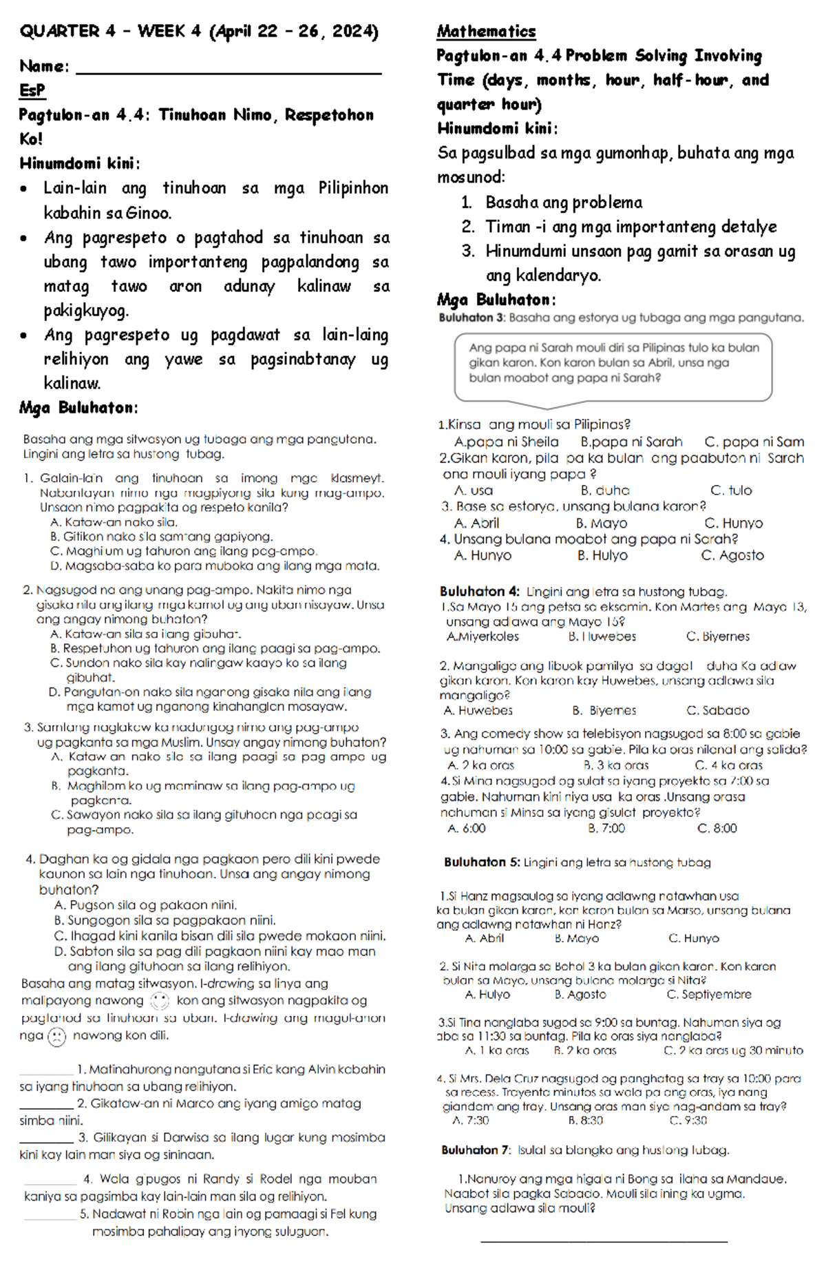 Quarter 4-WEEK 4 - Activity sheets for Grade 1 - QUARTER 4 – WEEK 4 ...