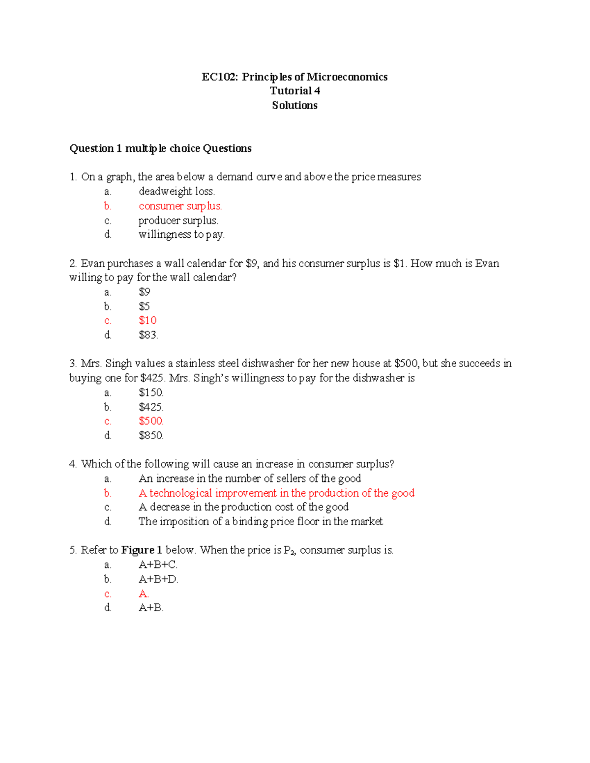 Ec102 Tutorial 4 Solution Ec102 Principles Of Microeconomics Tutorial 4 Solutions Question 1