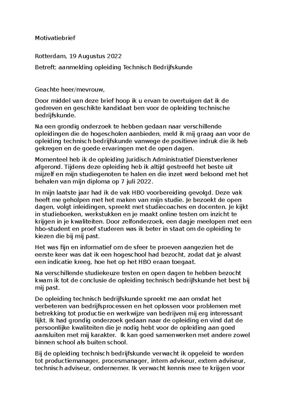 Motivatiebrief Technisch Berdrijfskunde studeersnel - Motivatiebrief ...