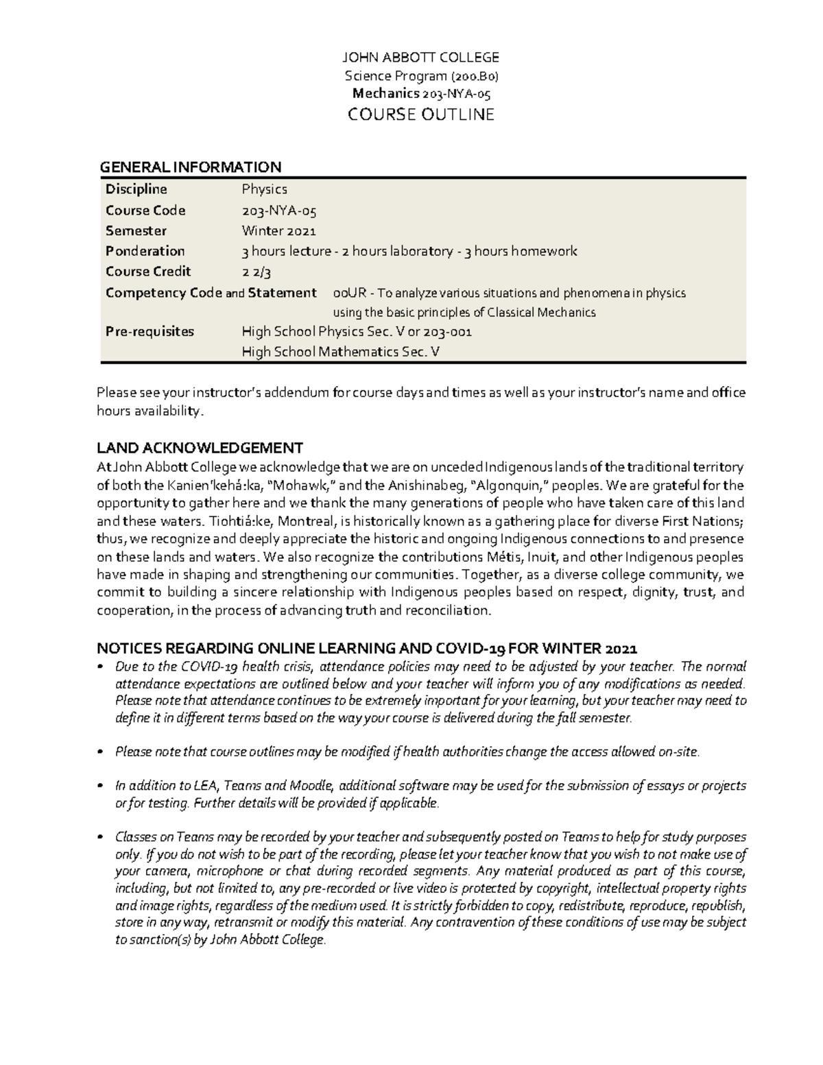 Physics NYA Course Outline - JOHN ABBOTT COLLEGE Science Program (200 ...