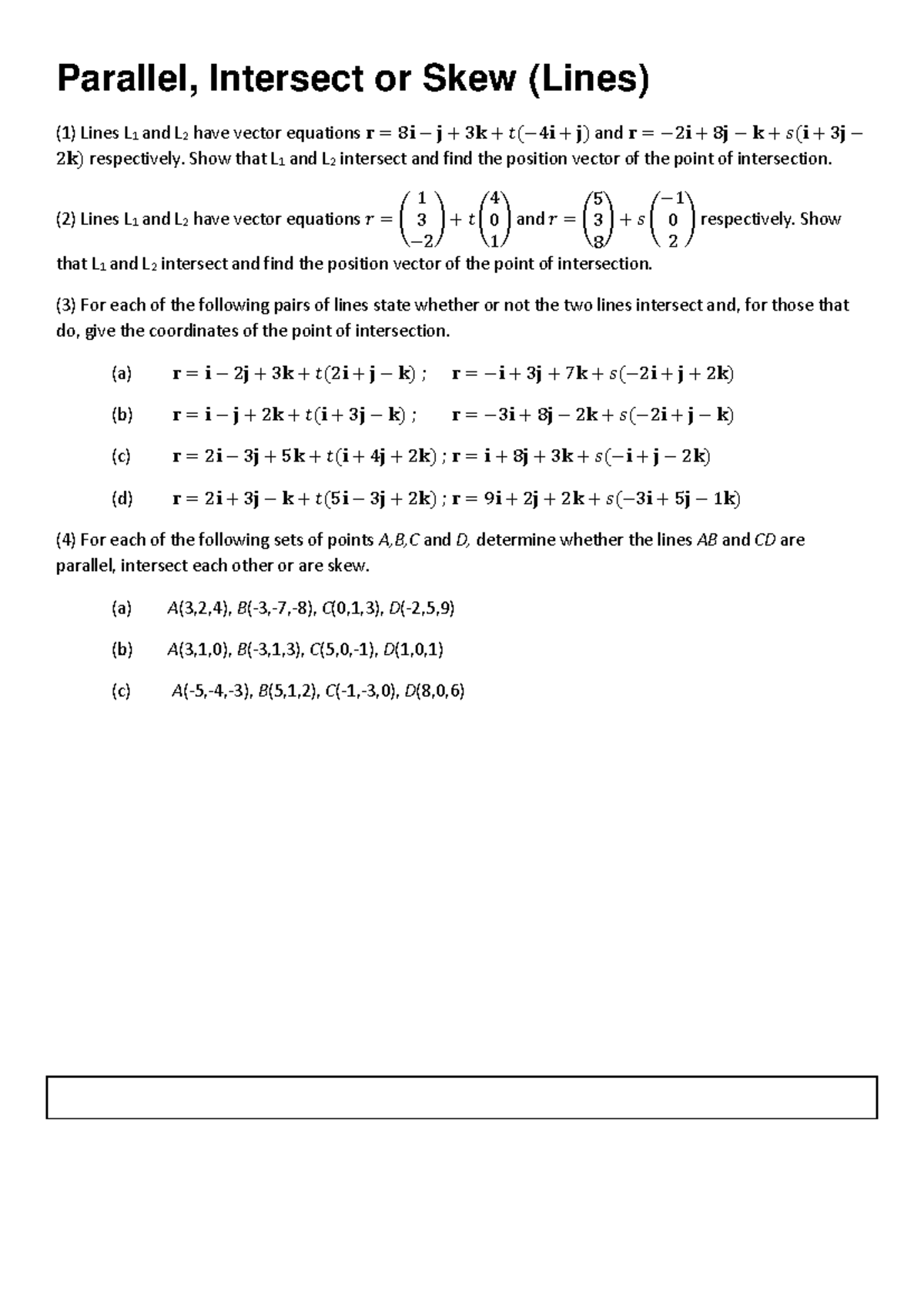 Vectors Relationship of lines - Parallel, Intersect or Skew (Lines) (1 ...