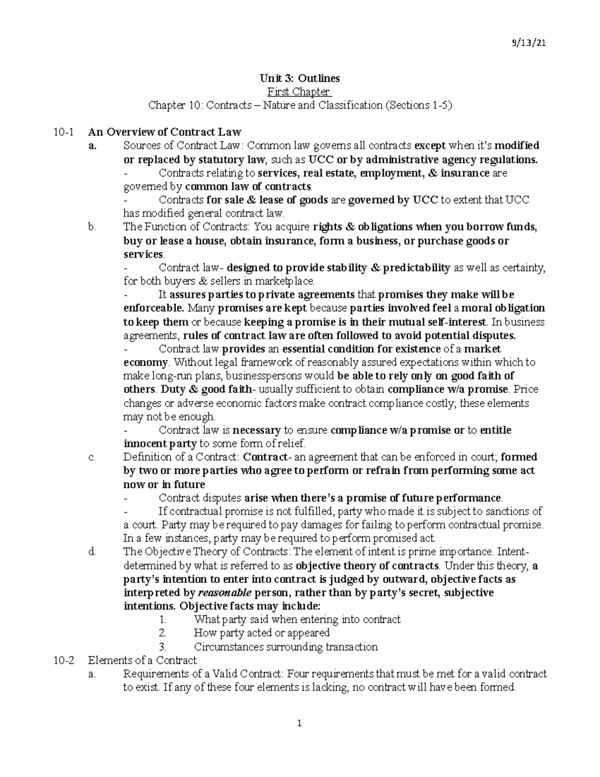 Chapter 10 Contracts – Nature and Classification (Sections 1-5) - Unit 3: Outlines First Chapter ...