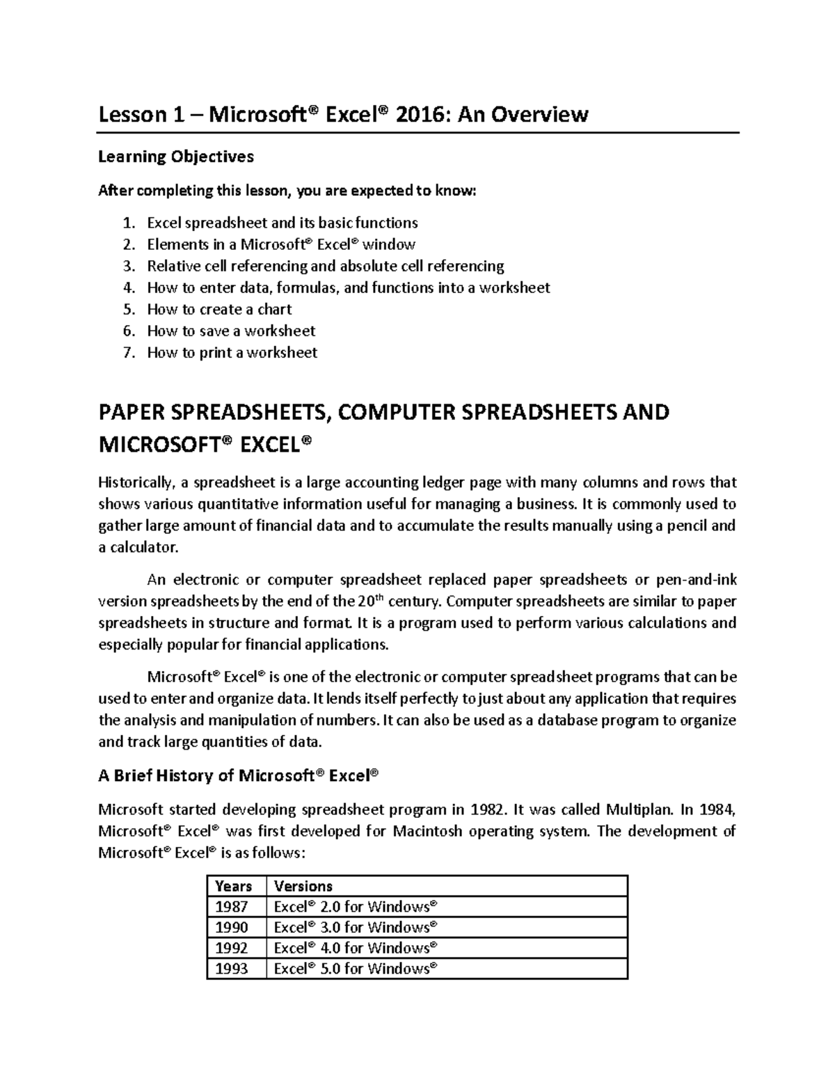 AIS205 MS Excel Chapter 1 manual - Lesson 1 – Microsoft® Excel® 2016 ...