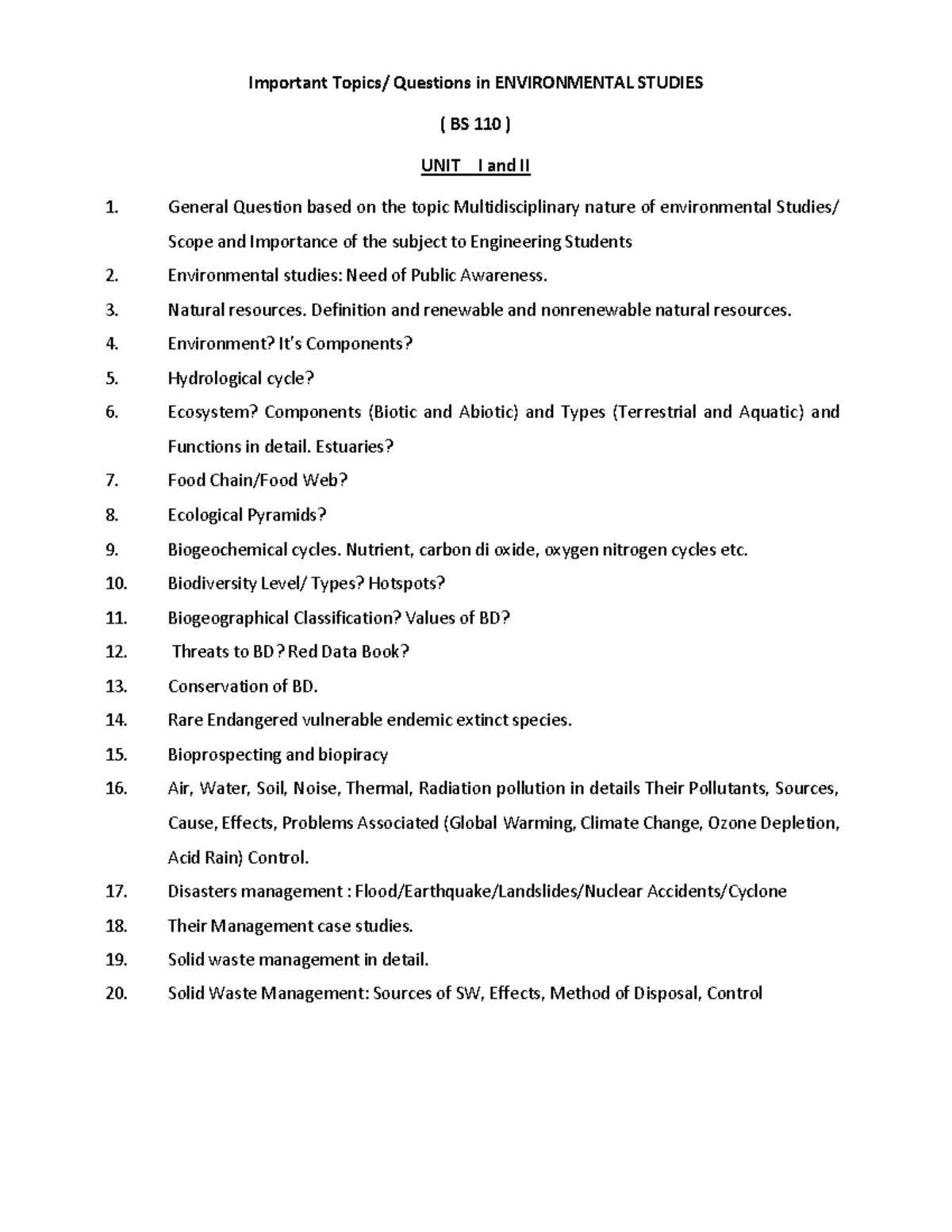 Important questions EVS - Important Topics/ Questions in ENVIRONMENTAL ...