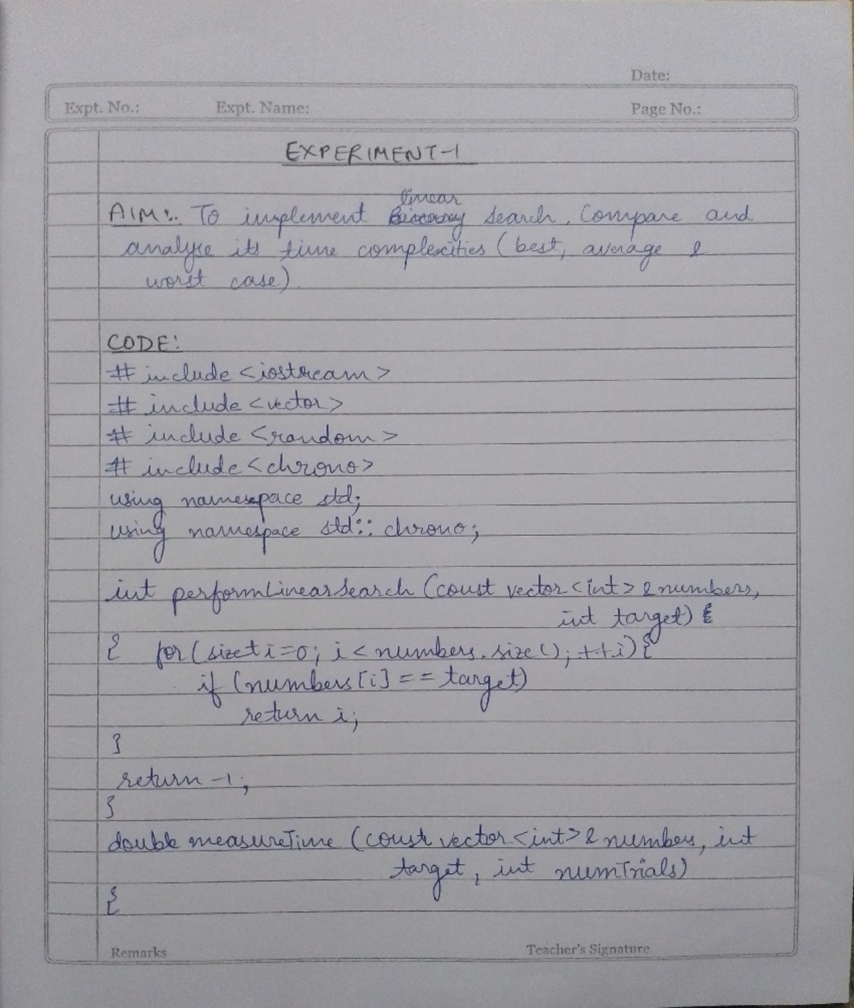 Daa Design And Analysi Of Algo Date Expt No Expt Name Page No Linear Aim To