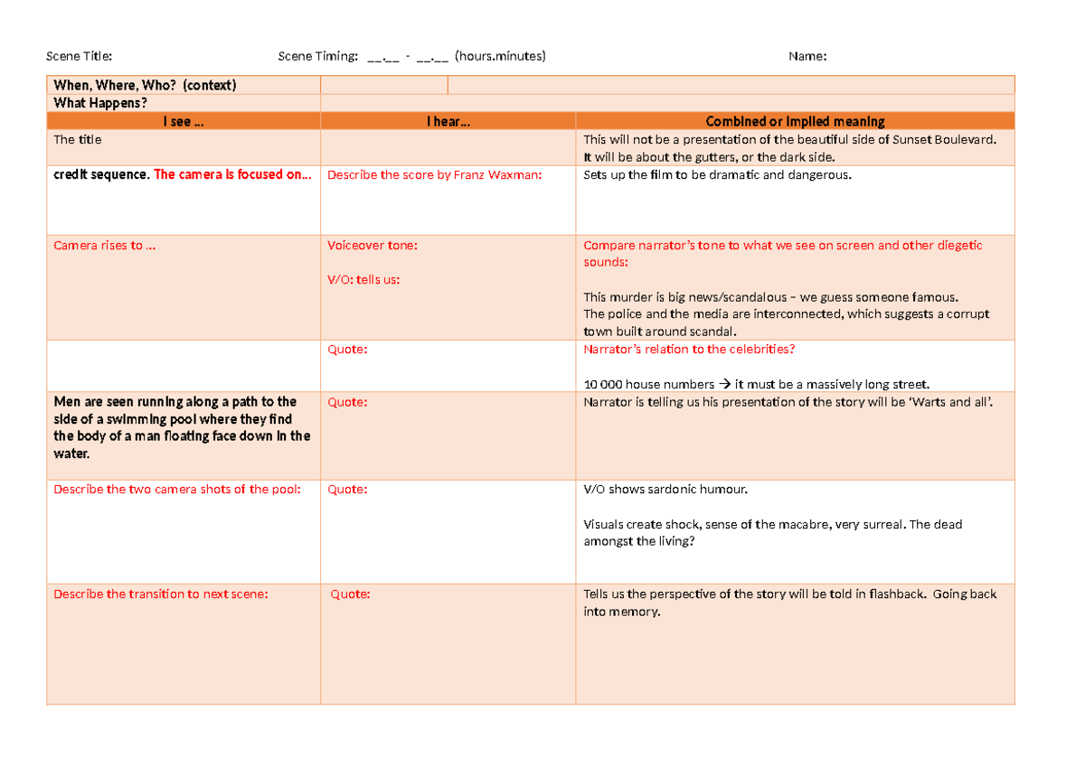 Sunset Boulevard Opening Scene Analysis - student - Scene Title: Scene Timing: . - . (hours ...