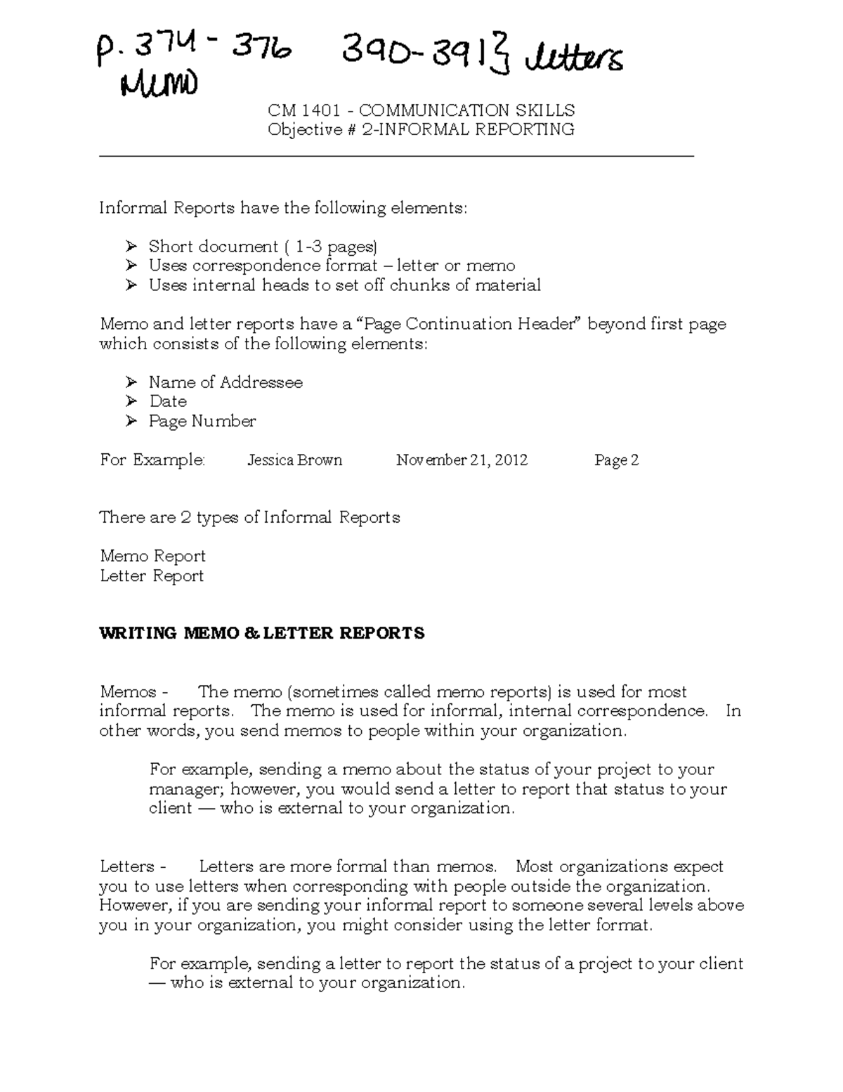 Objective 2.1-Informal Reports - CM 1401 - COMMUNICATION SKILLS ...