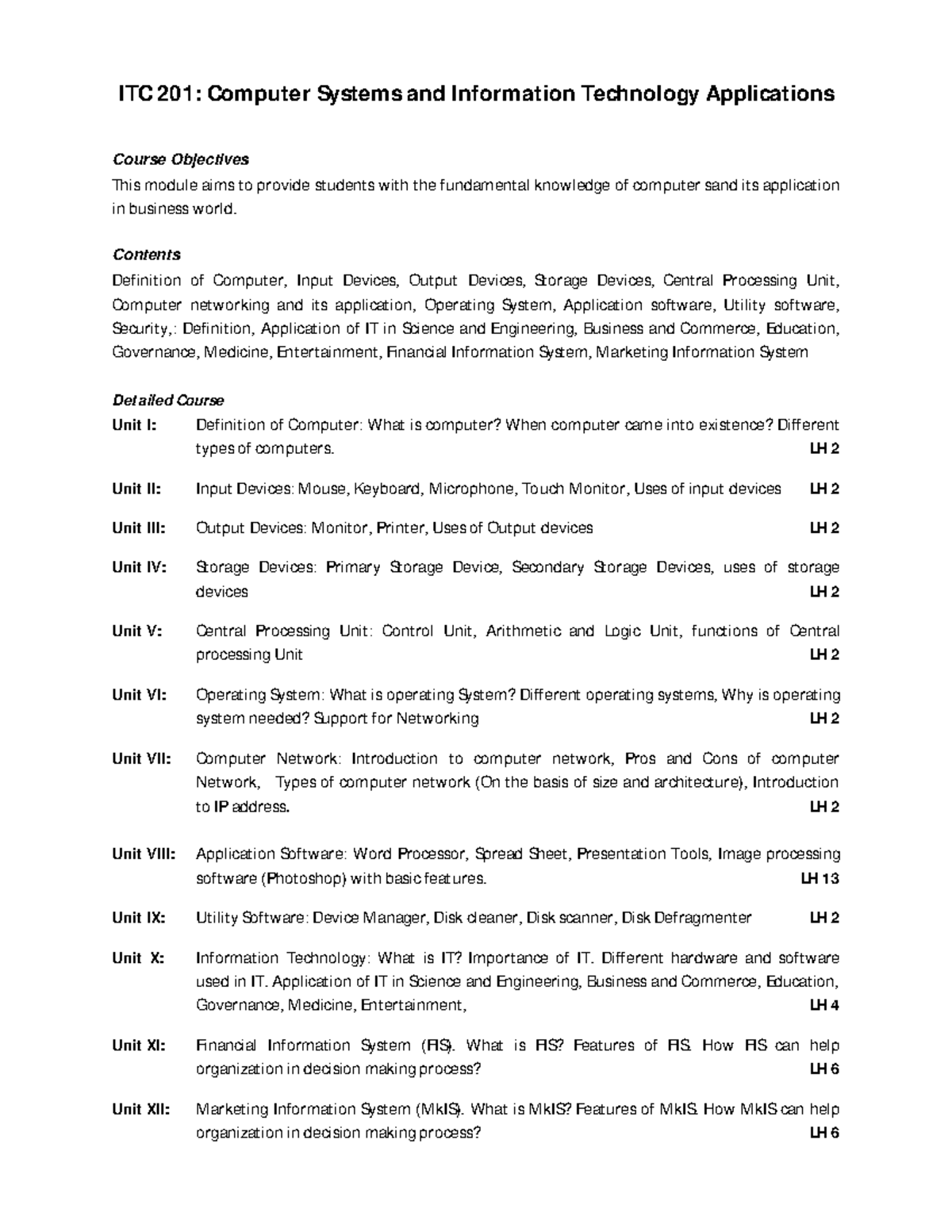 ITC 201 Computer System and Information Technology Applications BBA ...