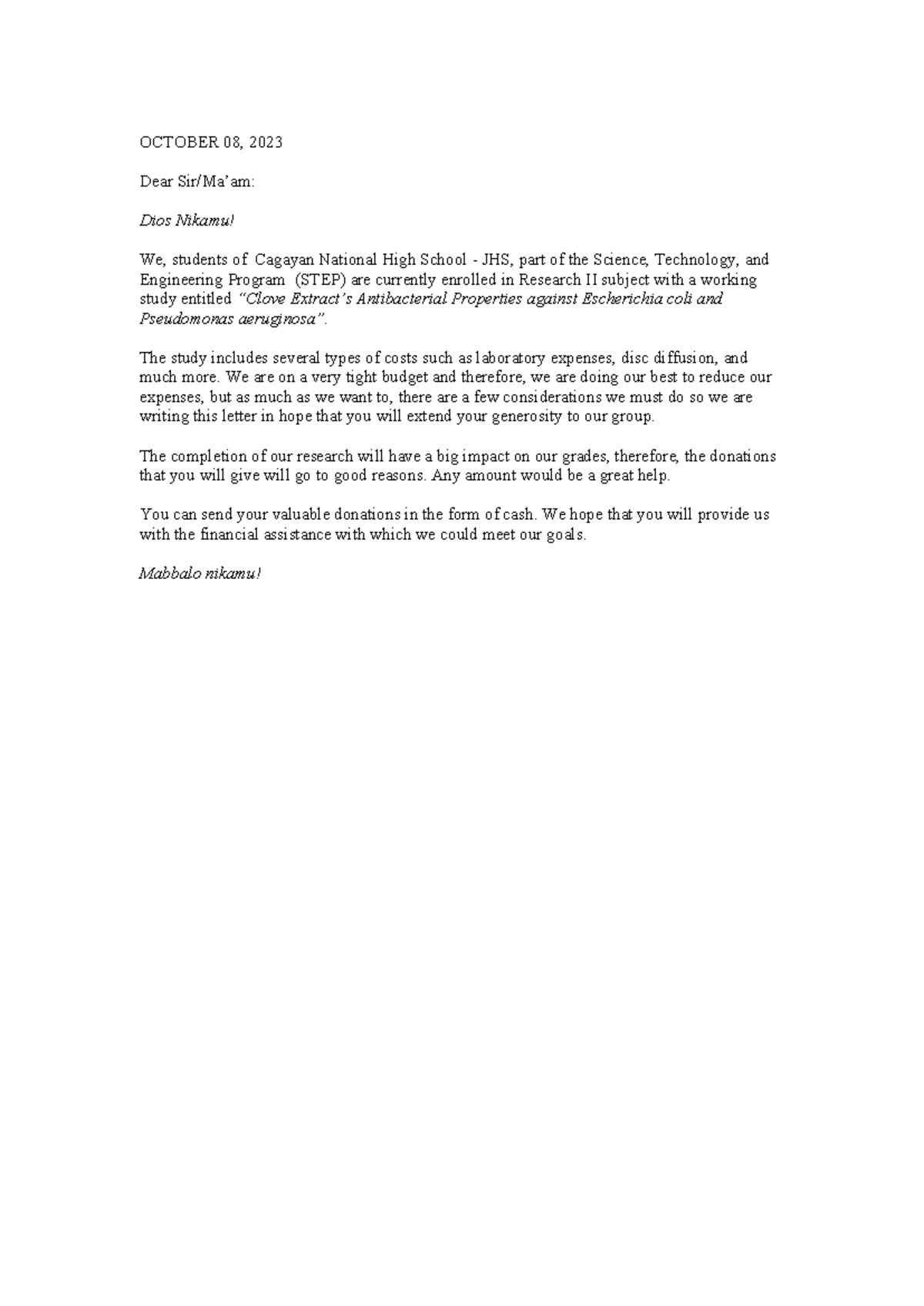 Solicitation Letter for research experiments and financial expenses ...