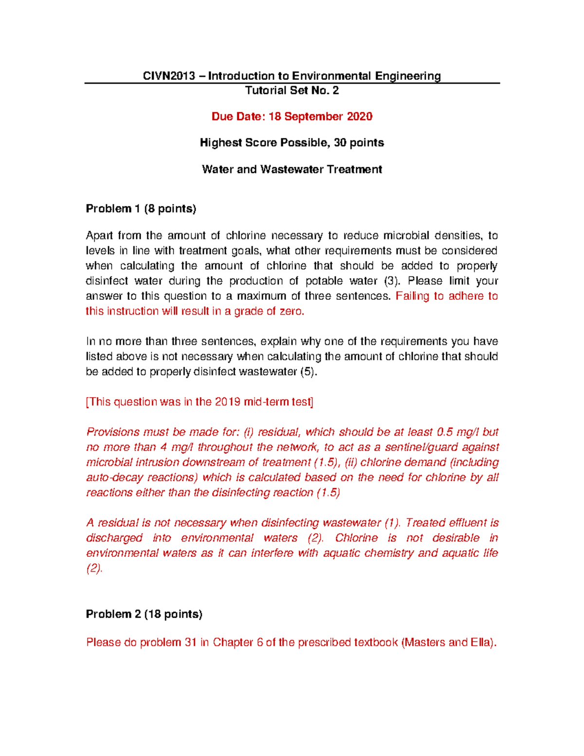 Tut Set 3 Model Solution - CIVN2013 – Introduction to Environmental Engineering Tutorial Set No ...