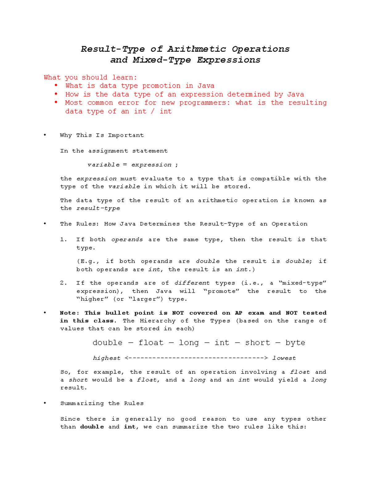Mixed Data Types Result Type Of Arithmetic Operations And Mixed Type Expressions What You